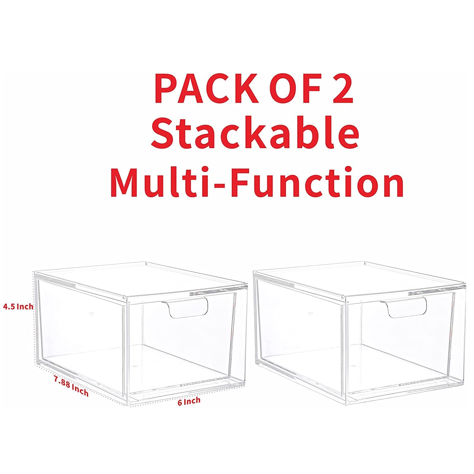 SuoXing Stackable Makeup Plastic Organizer Storage Drawers,4.5'' Tall Acrylic Bathroom Organizers,2 Pack Cosmetic Display Case Plastic Storage Bins For Vanity,Undersink,Pantry Organization and Storage