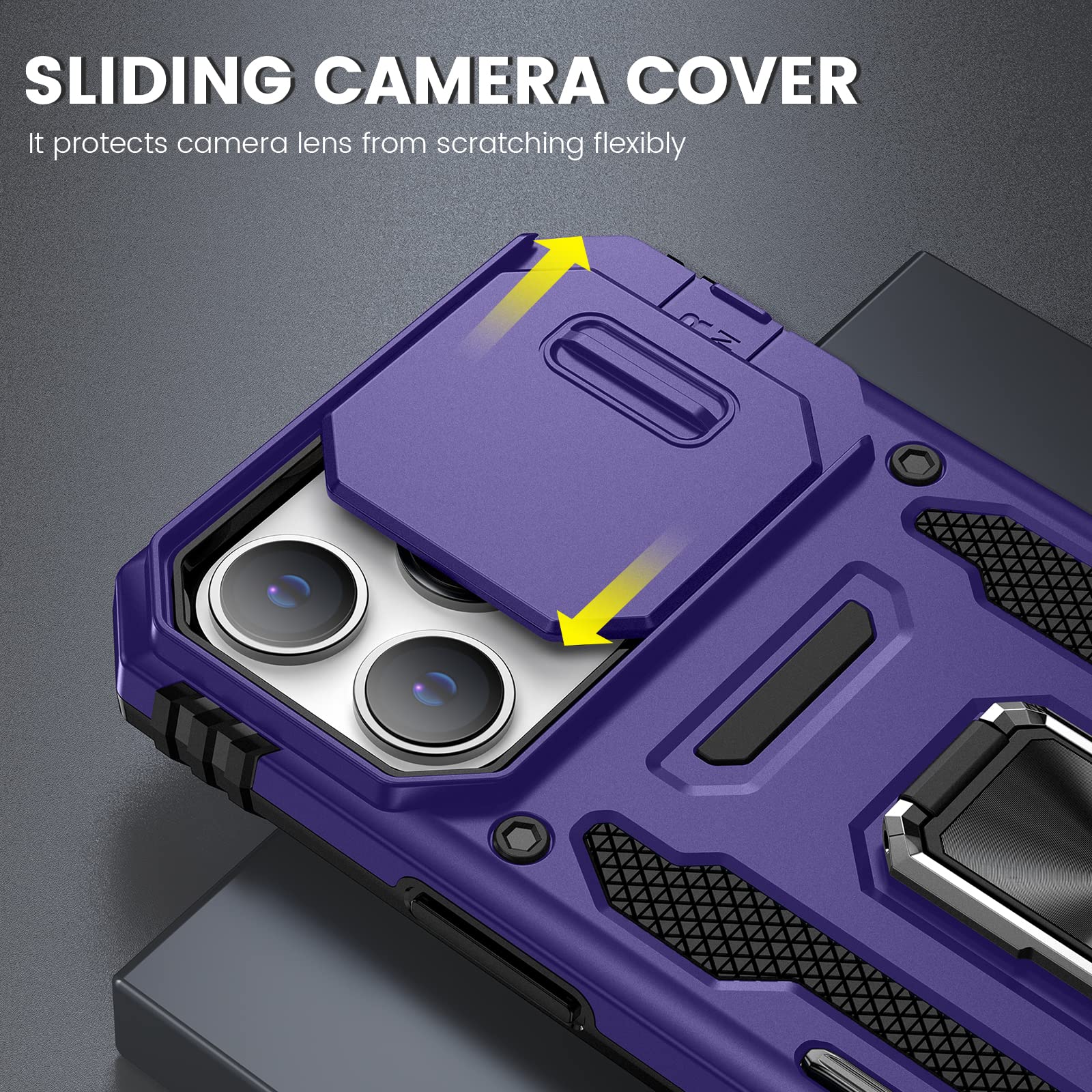 Maxdara for iPhone 14 Pro Max Phone Case, with Slide Camera Cover & Built-in Rotating Kickstand & Front Glass Screen Protector Phone Case for iPhone 14 ProMax 6.7 inch, Deep Purple