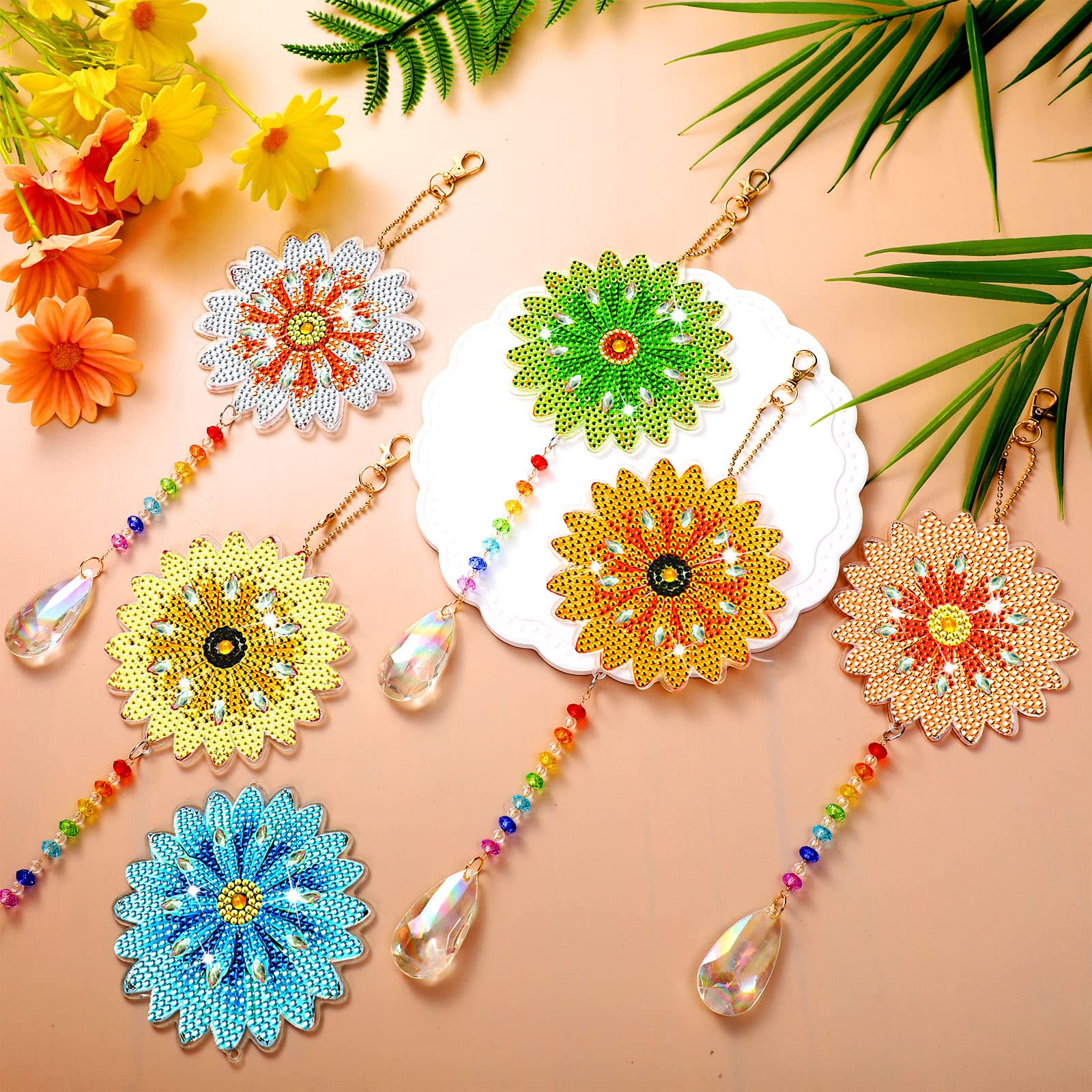 Tradder 6 Pcs Diamond Art Sun Catcher Wind Chime Double Sided Crystal Diamond Art Hanging Ornament African Daisy Sun Catcher Kit for Adults Kids DIY Craft Window Garden Home Decor