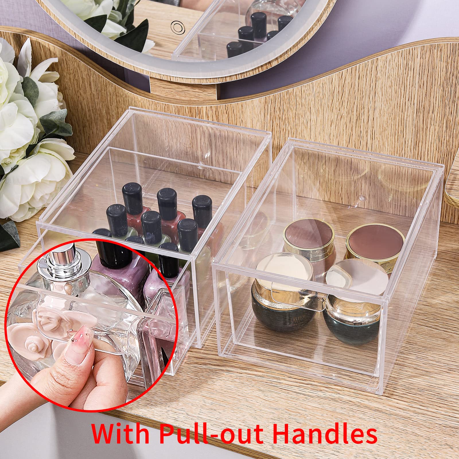 SuoXing Stackable Makeup Plastic Organizer Storage Drawers,4.5'' Tall Acrylic Bathroom Organizers,2 Pack Cosmetic Display Case Plastic Storage Bins For Vanity,Undersink,Pantry Organization and Storage