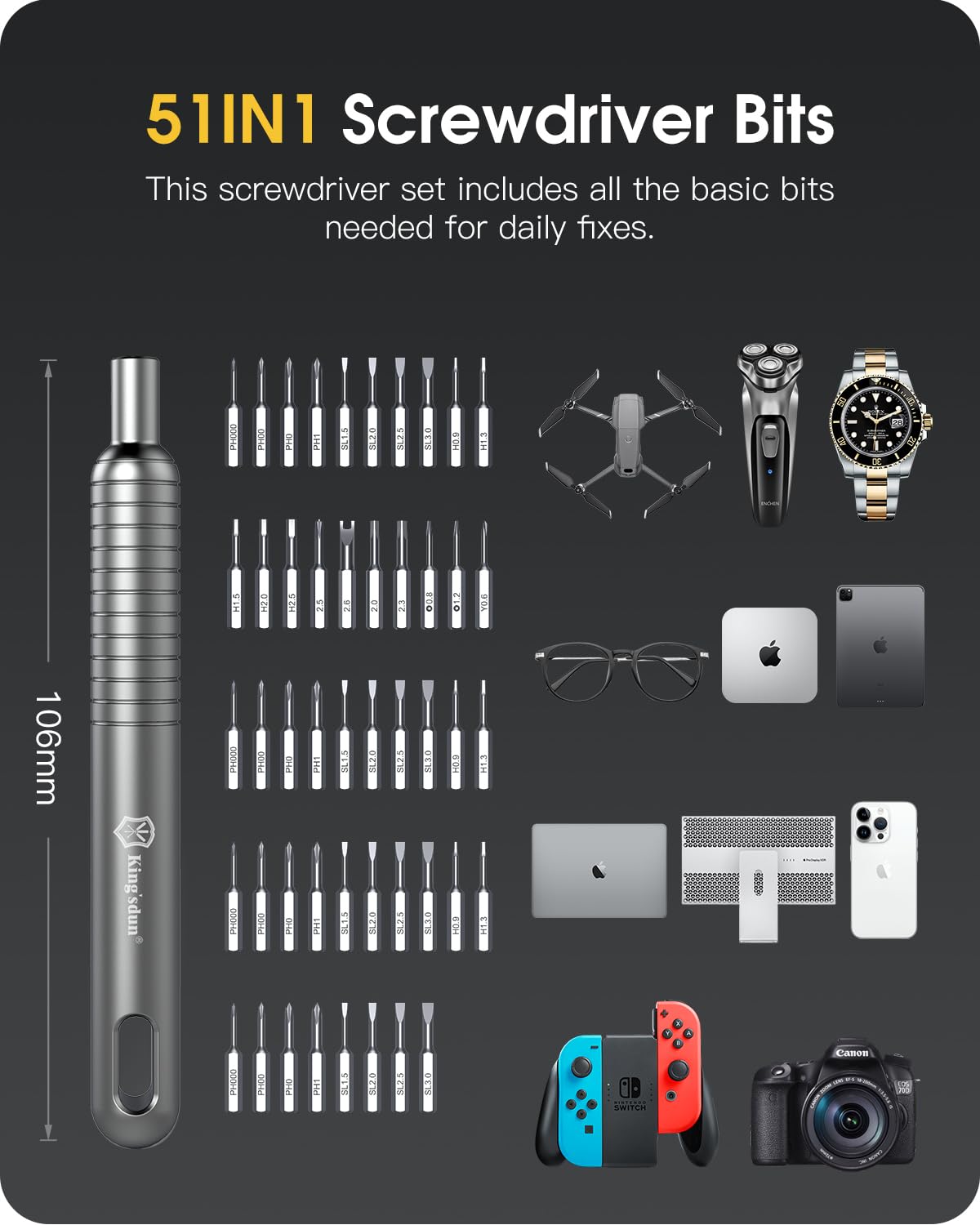 Kingsdun 51 in 1 Precision Screwdriver Set, Portable Screwdriver Set with 48 Magnetic Bits Torx Hex Screwdriver for iPhone, Laptop, PC, Watch, Glasses