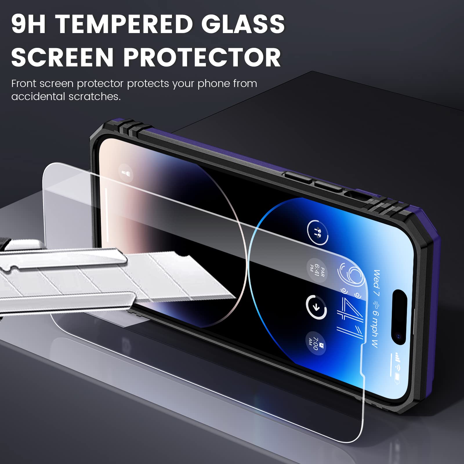 Maxdara for iPhone 14 Pro Max Phone Case, with Slide Camera Cover & Built-in Rotating Kickstand & Front Glass Screen Protector Phone Case for iPhone 14 ProMax 6.7 inch, Deep Purple