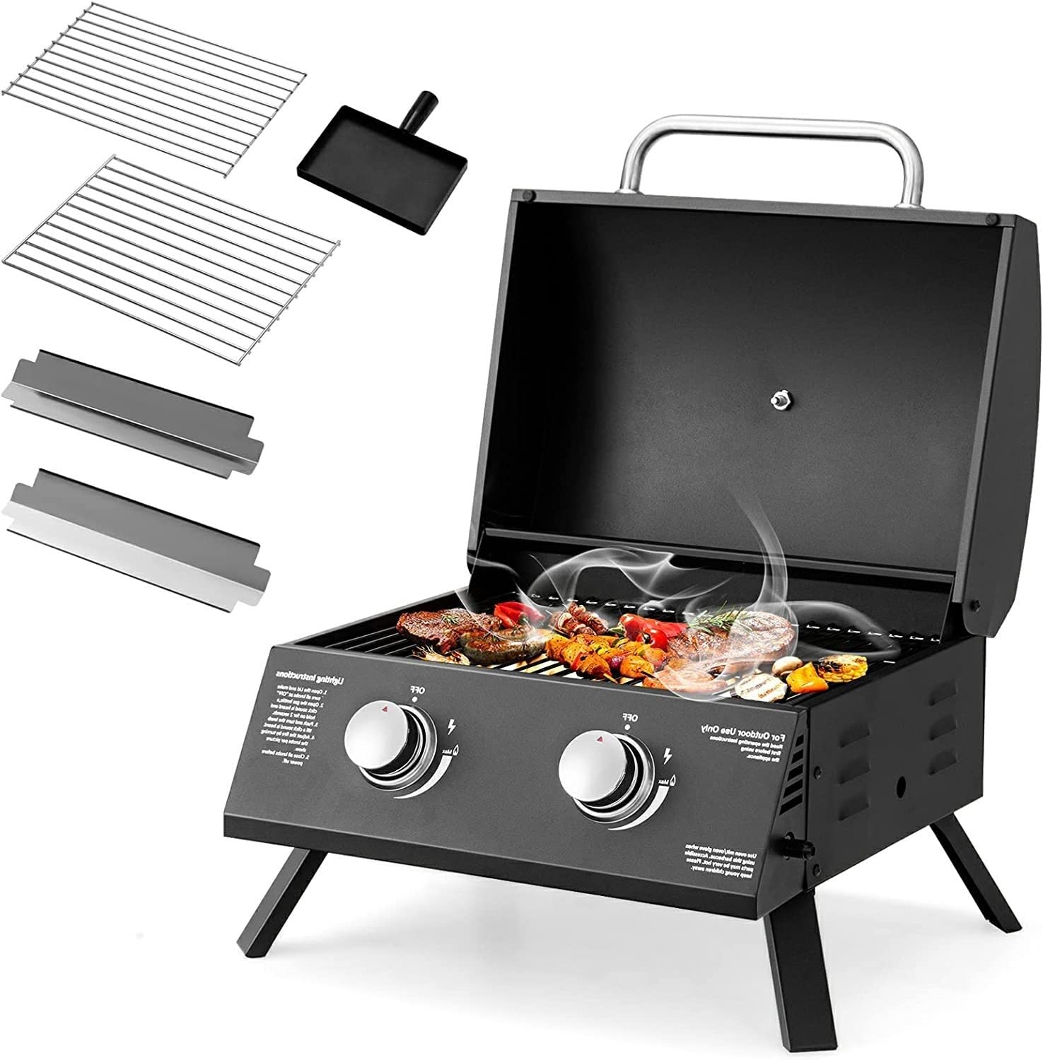 Grill Portable Gas Grill, 20,000 BTU Two Burner Tabletop Barbecue Grill w/Built-in Thermometer, Grease Tray, Waterproof Top Lid, Folding Legs, Compact Propane Grill for Backyard, Camping, Picnic