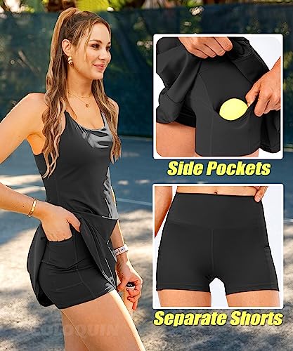 Coloquin Tennis Dress with Built in Shorts and Bra Backless Golf Workout Athletic Dress with Pockets