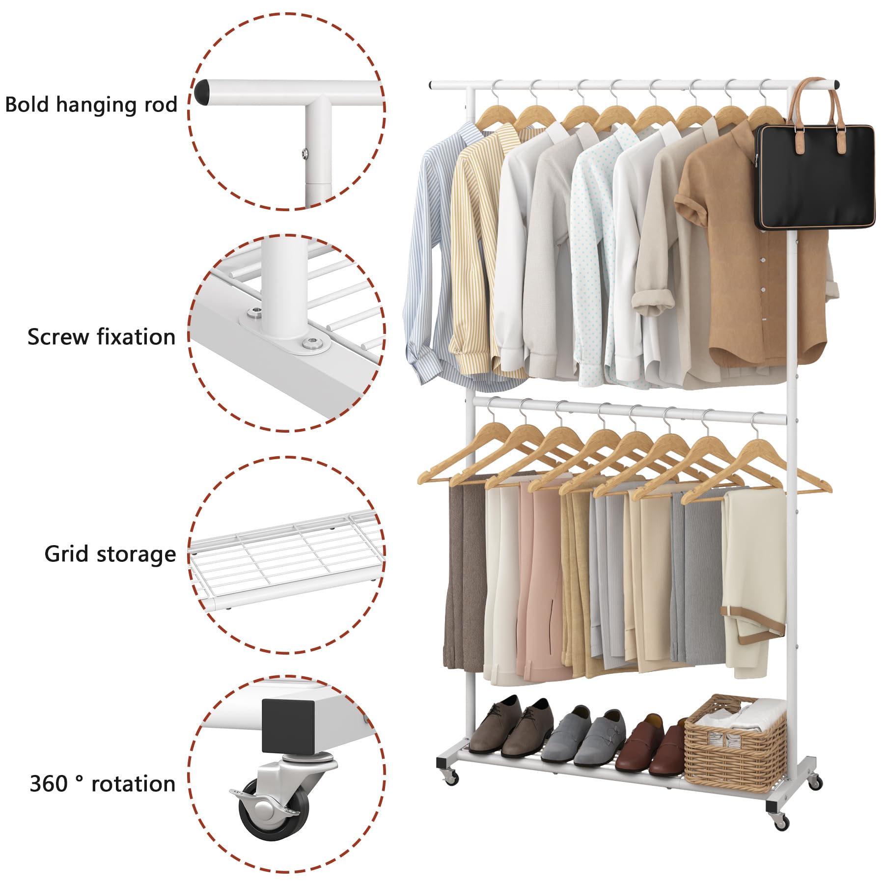 Sywhitta Double Rod Clothing Garment Rack, Rolling Coat Hanger with Bottom Mesh, Clothing Rack for Hanging Clothes, Coats, Skirts, Sweaters, White