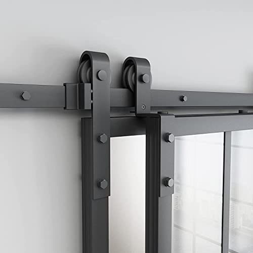 BARNSMITH Bypass Double Glass Barn Door 84 x 84 in with 7.5FT Side-Mounted Hardware Kit, 2 Sets of 42x84 Frosted Glass Aluminum Frame Barn Door,Assemble Required (2 * 42inx 84in)