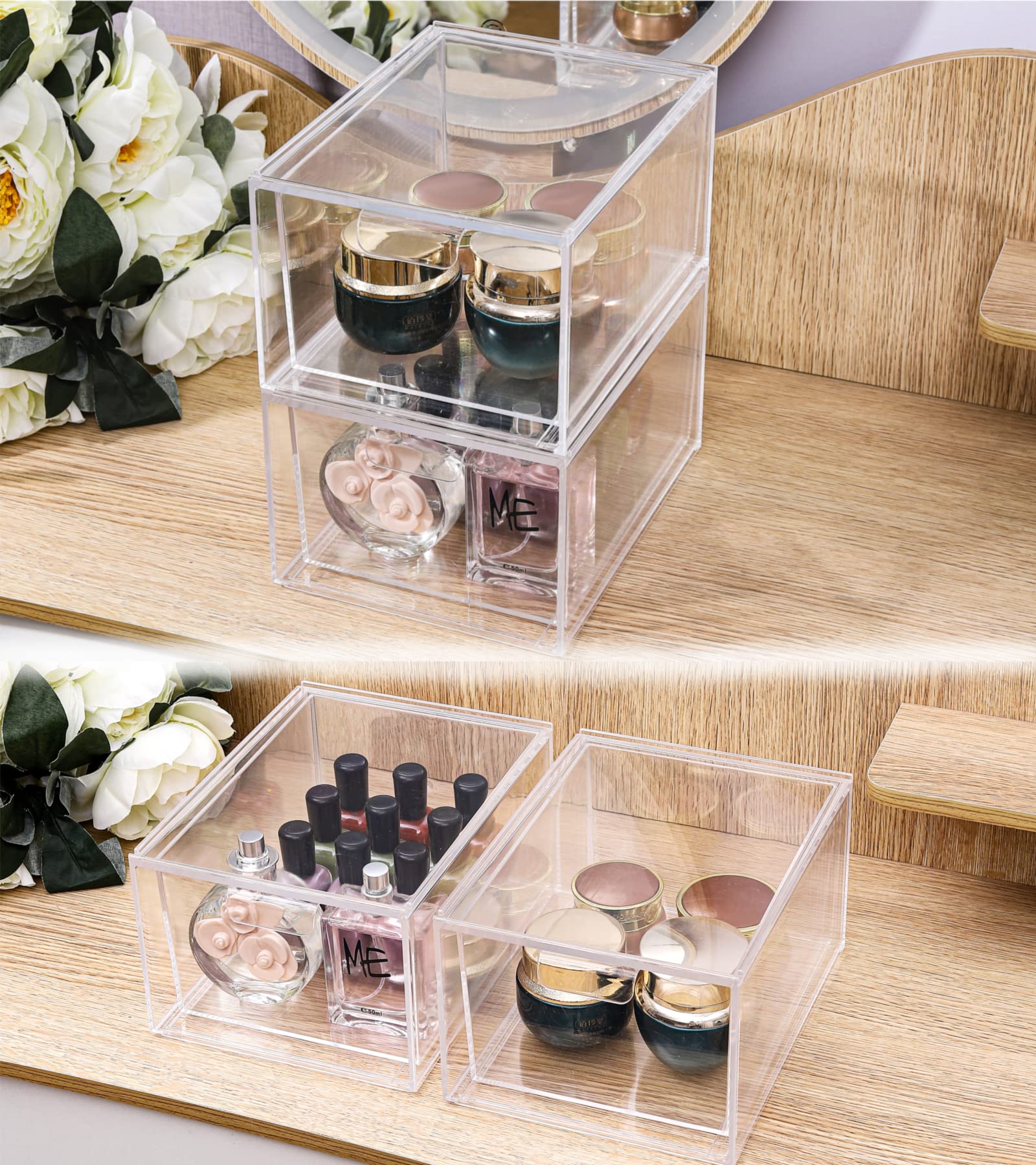 SuoXing Stackable Makeup Plastic Organizer Storage Drawers,4.5'' Tall Acrylic Bathroom Organizers,2 Pack Cosmetic Display Case Plastic Storage Bins For Vanity,Undersink,Pantry Organization and Storage