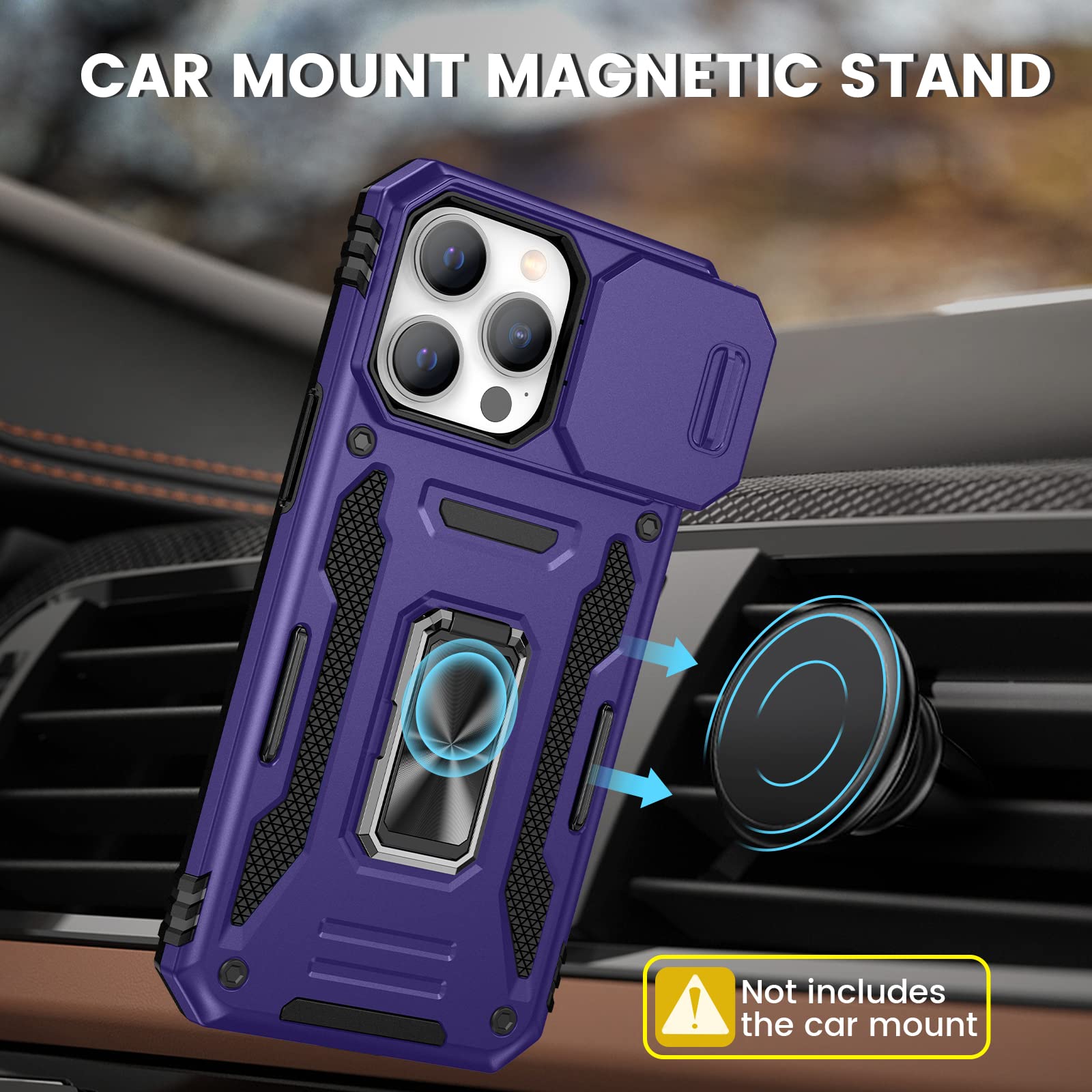 Maxdara for iPhone 14 Pro Max Phone Case, with Slide Camera Cover & Built-in Rotating Kickstand & Front Glass Screen Protector Phone Case for iPhone 14 ProMax 6.7 inch, Deep Purple