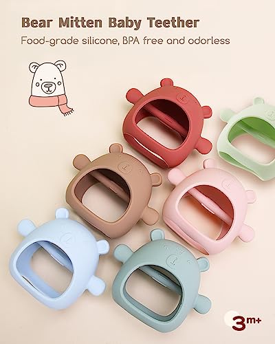 Teething Toys for Babies 3-6 Months, AEOLZ Anti-drop Silicone Bear Baby Mitten Teether Toy for Teething Relief, Infants Sucking Needs Chew Toy, BPA Free