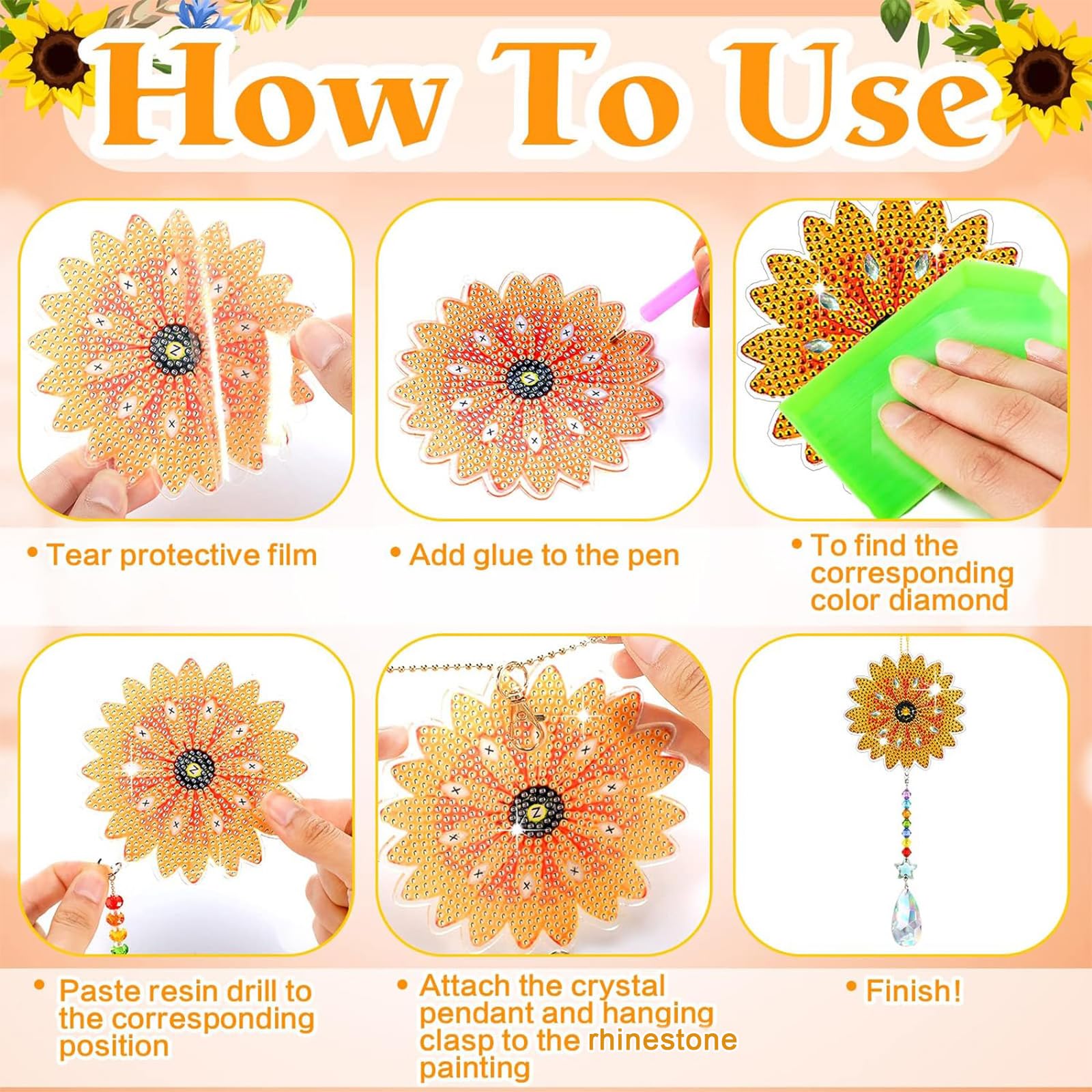 Tradder 6 Pcs Diamond Art Sun Catcher Wind Chime Double Sided Crystal Diamond Art Hanging Ornament African Daisy Sun Catcher Kit for Adults Kids DIY Craft Window Garden Home Decor