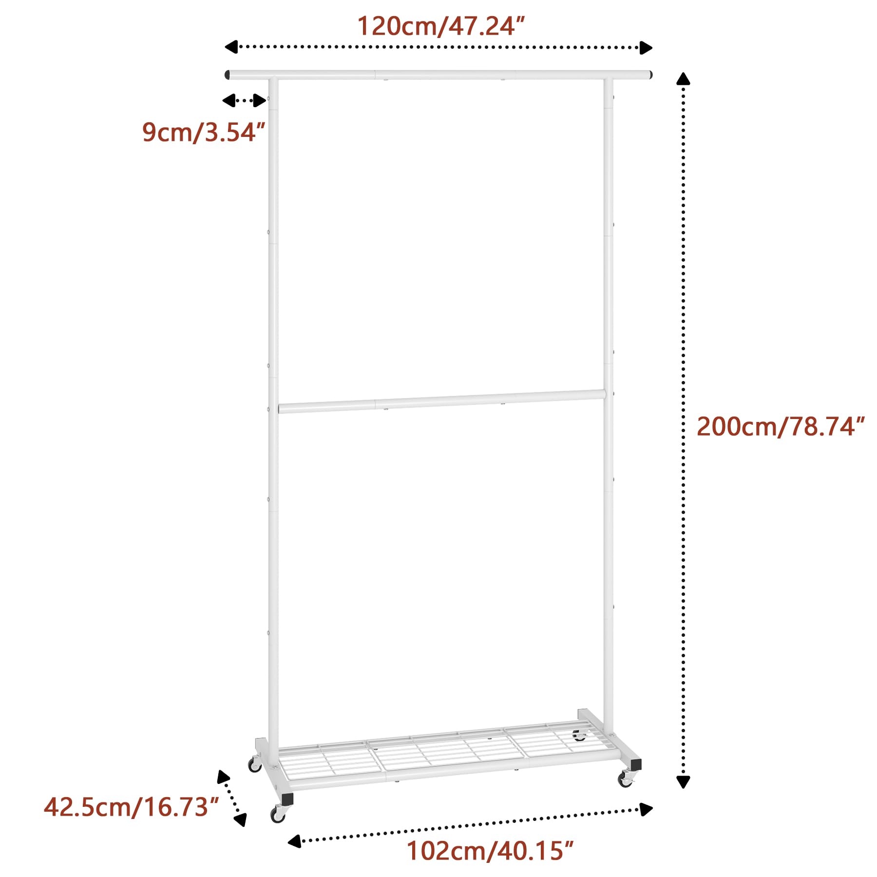 Sywhitta Double Rod Clothing Garment Rack, Rolling Coat Hanger with Bottom Mesh, Clothing Rack for Hanging Clothes, Coats, Skirts, Sweaters, White