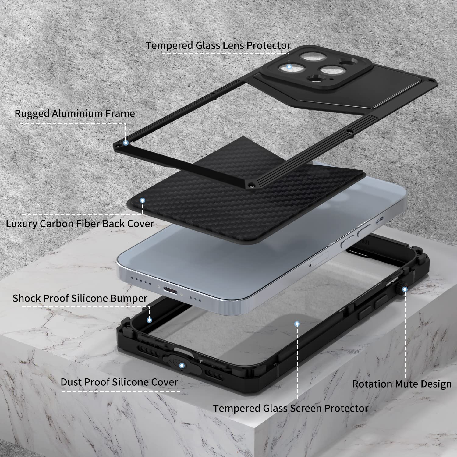DGYSG Luxury Carbon Fiber with Aluminum Case for iPhone 14 Pro Max 6.7", Military Shockproof Protective Armor Phone Cover with Screen Protector Full Body Heavy Duty Drop Protection for Men Black