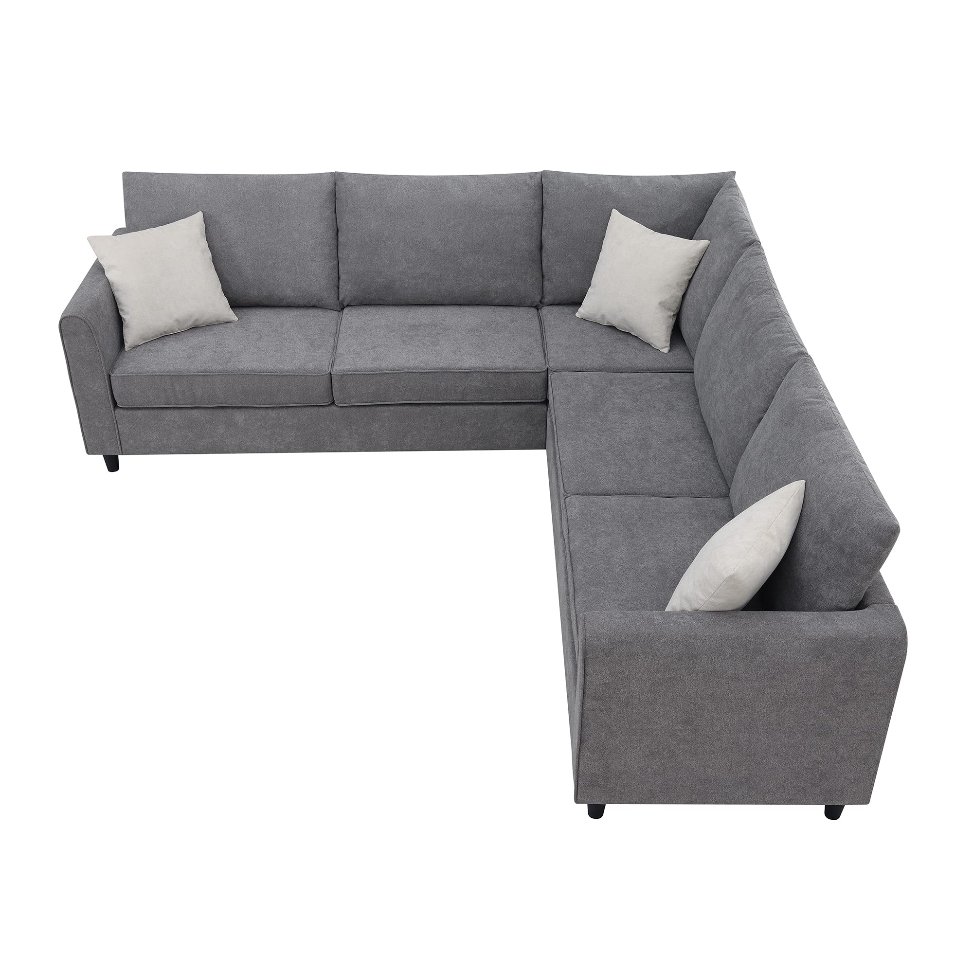 KoiHome 8888" Modern Upholstered Living Room Sectional, L Shape Fabric Corner Couch Set with 3 Pillows, 5 Seats Indoor Modular Sofa Chaise for Office,Apartment, Polyester, Plastic Leg, Grey