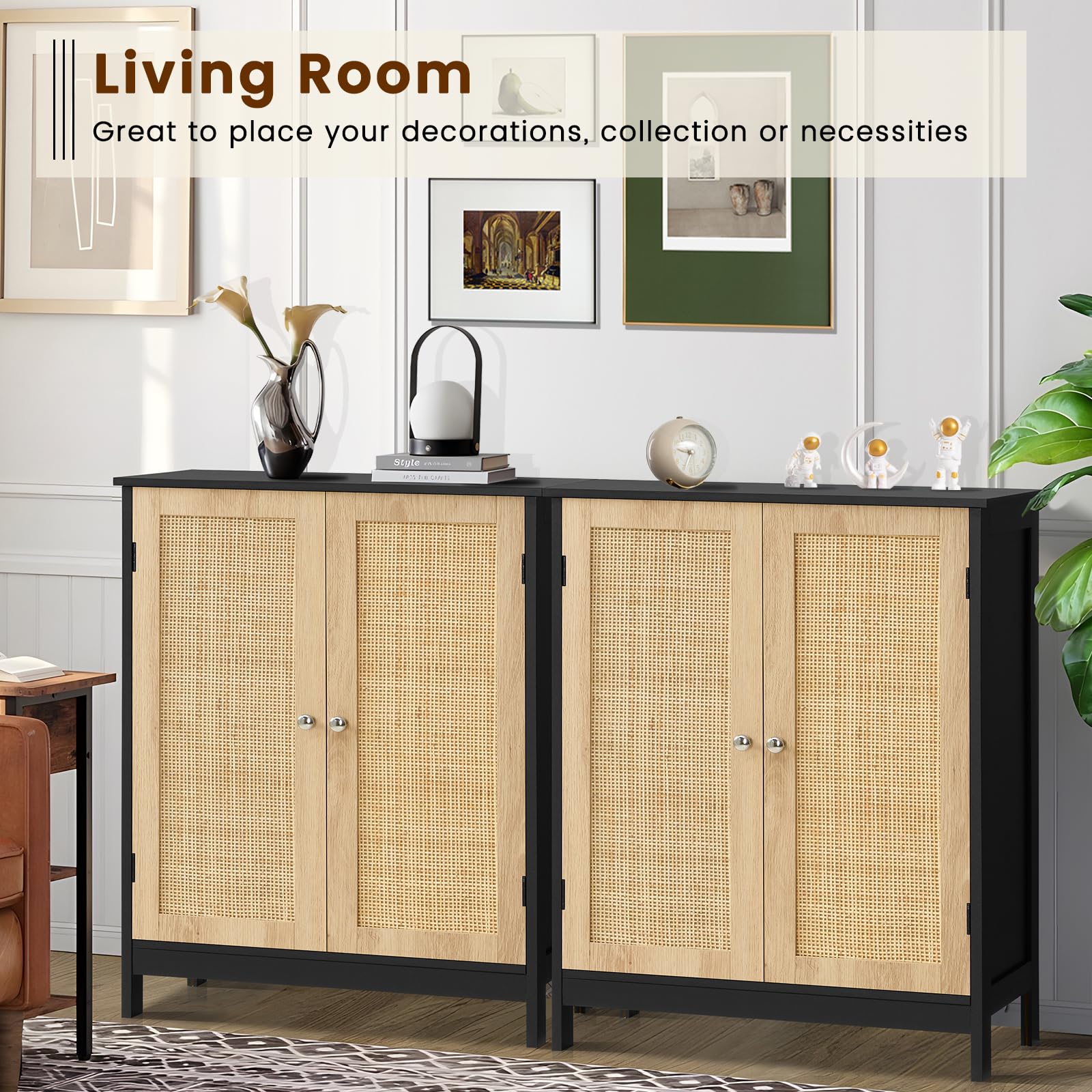 Iwell Storage Cabinet with Rattan Doors, Bathroom Storage Cabinet with Adjustable Shelf, Floor Cabinet for Living Room, Entryway, Kitchen, Home Office, Black