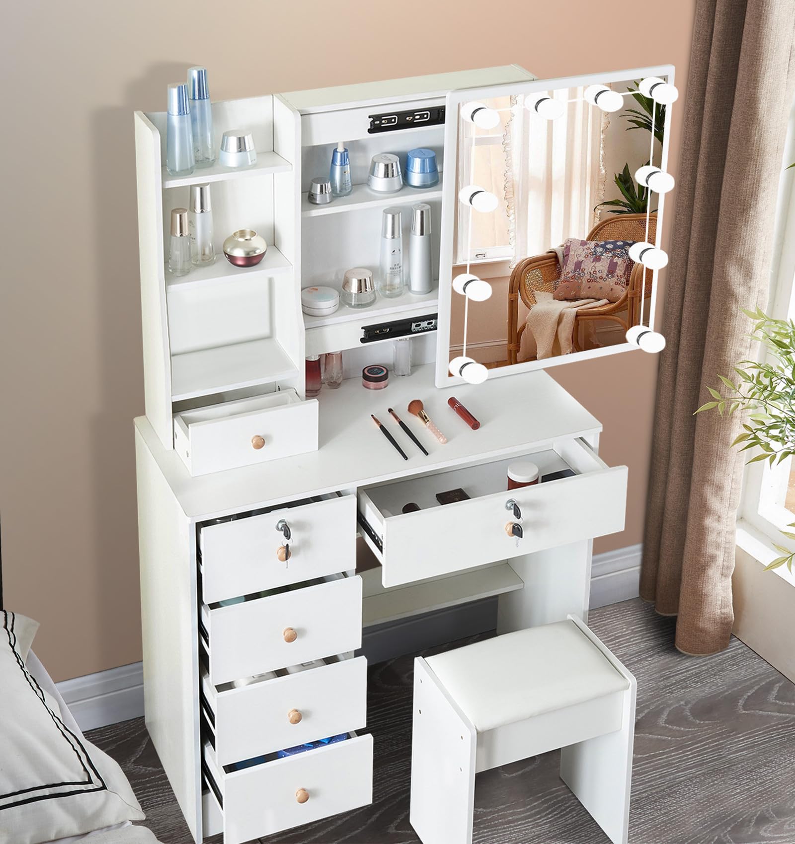 Makeup Vanity Dressing Table with Drawers and Lighted Mirror, White Vanity Set Dresser Desk and Cushioned Stool (US1905)