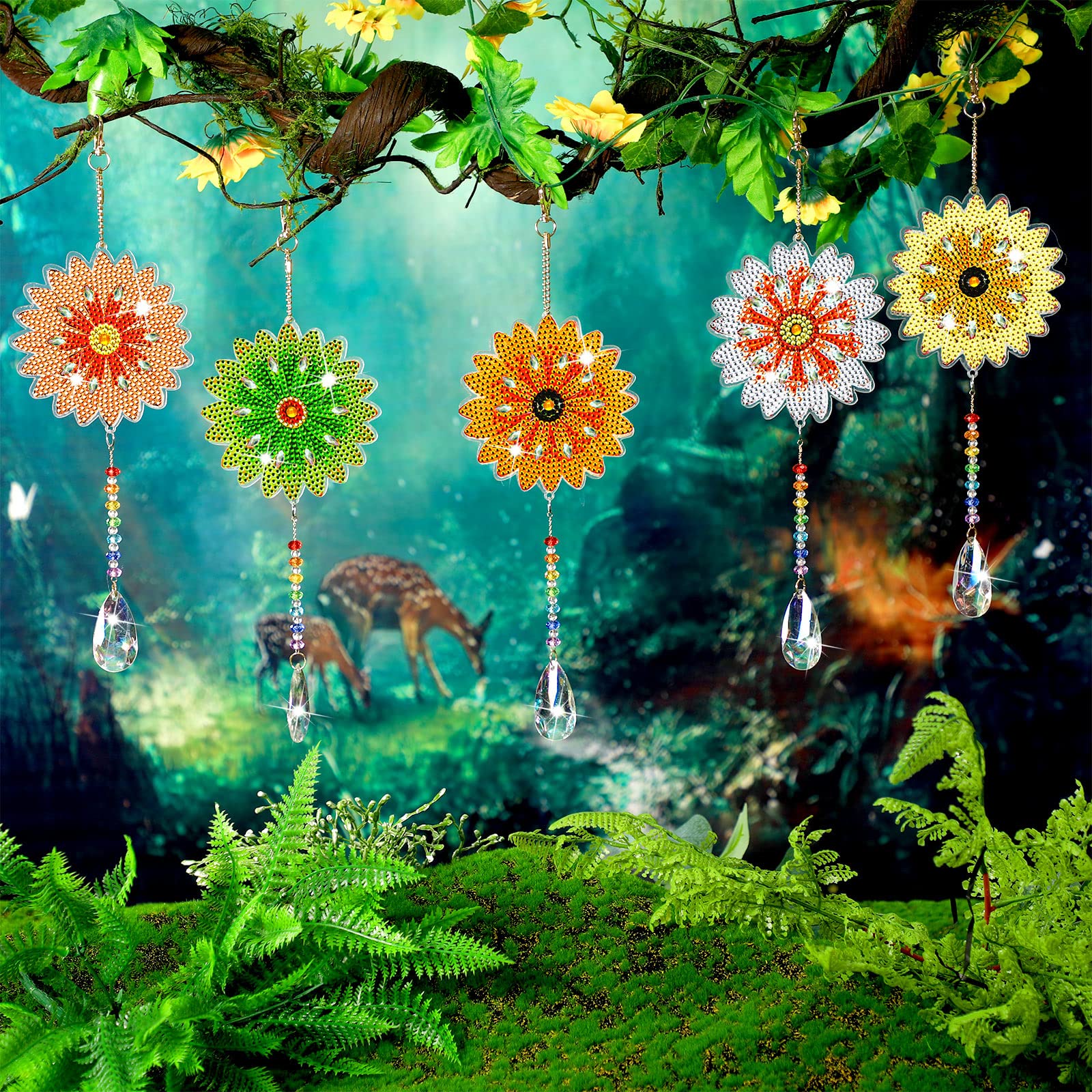 Tradder 6 Pcs Diamond Art Sun Catcher Wind Chime Double Sided Crystal Diamond Art Hanging Ornament African Daisy Sun Catcher Kit for Adults Kids DIY Craft Window Garden Home Decor