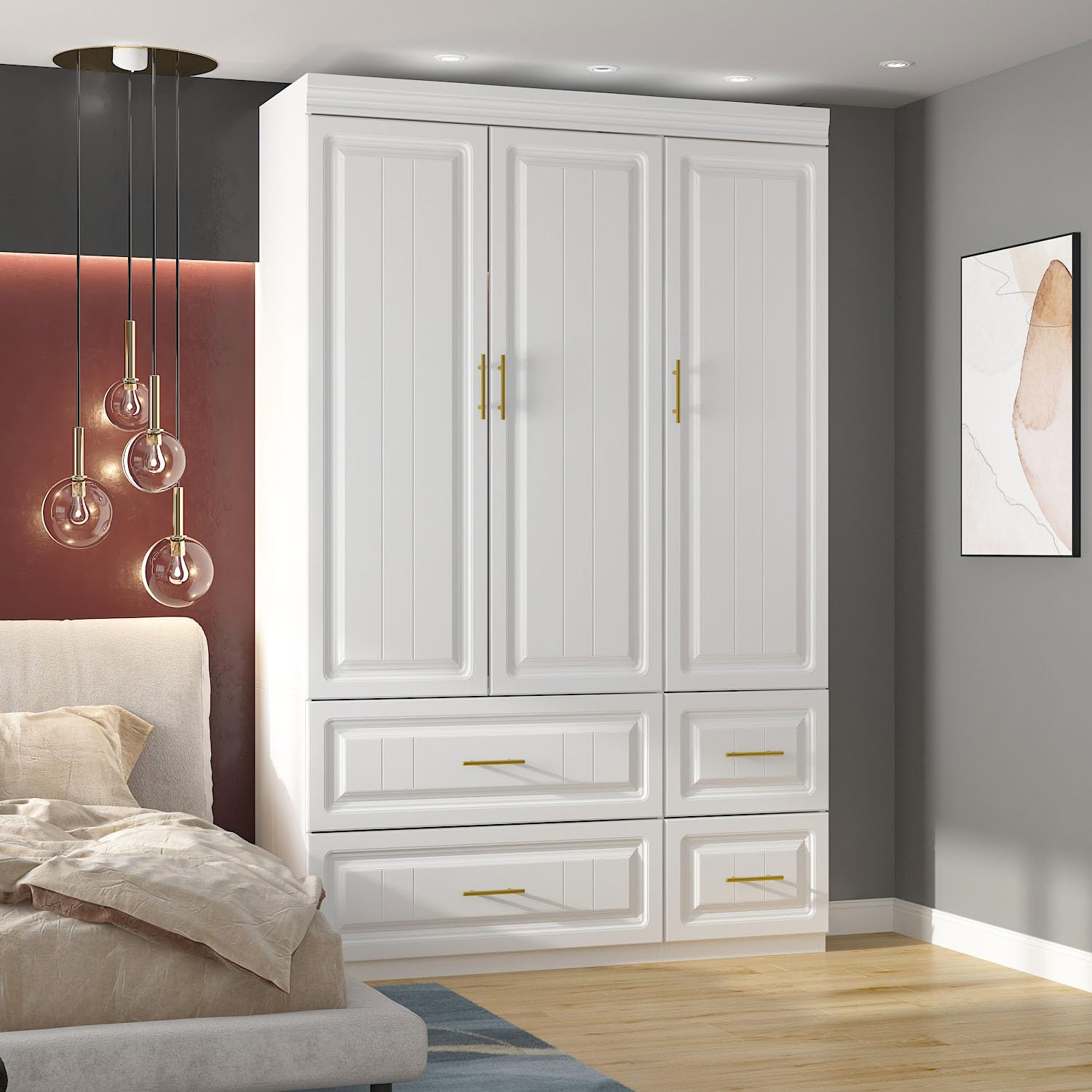 AIEGLE 3-Door Armoire Wardrobe Closet with Drawers, White Coat Closet with Doors, Modern Tall Wardrobe Cabinet Closet with Hanging Rod for Bedroom, Freestanding, White, 20.6" D x 47.2" W x 74.2" H