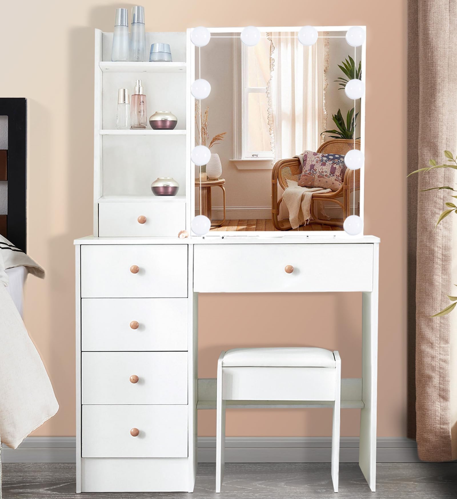 Makeup Vanity Dressing Table with Drawers and Lighted Mirror, White Vanity Set Dresser Desk and Cushioned Stool (US1905)