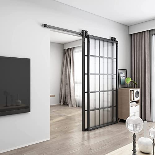 BARNSMITH Bypass Double Glass Barn Door 84 x 84 in with 7.5FT Side-Mounted Hardware Kit, 2 Sets of 42x84 Frosted Glass Aluminum Frame Barn Door,Assemble Required (2 * 42inx 84in)