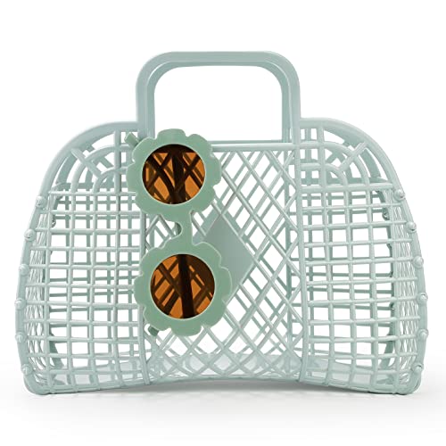 JBB Girls Jelly Bag Plastic Gift Basket Boys Beach Tote Bag Toddler Purse Kids Easter Basket with Round Flower Sunglasses Green