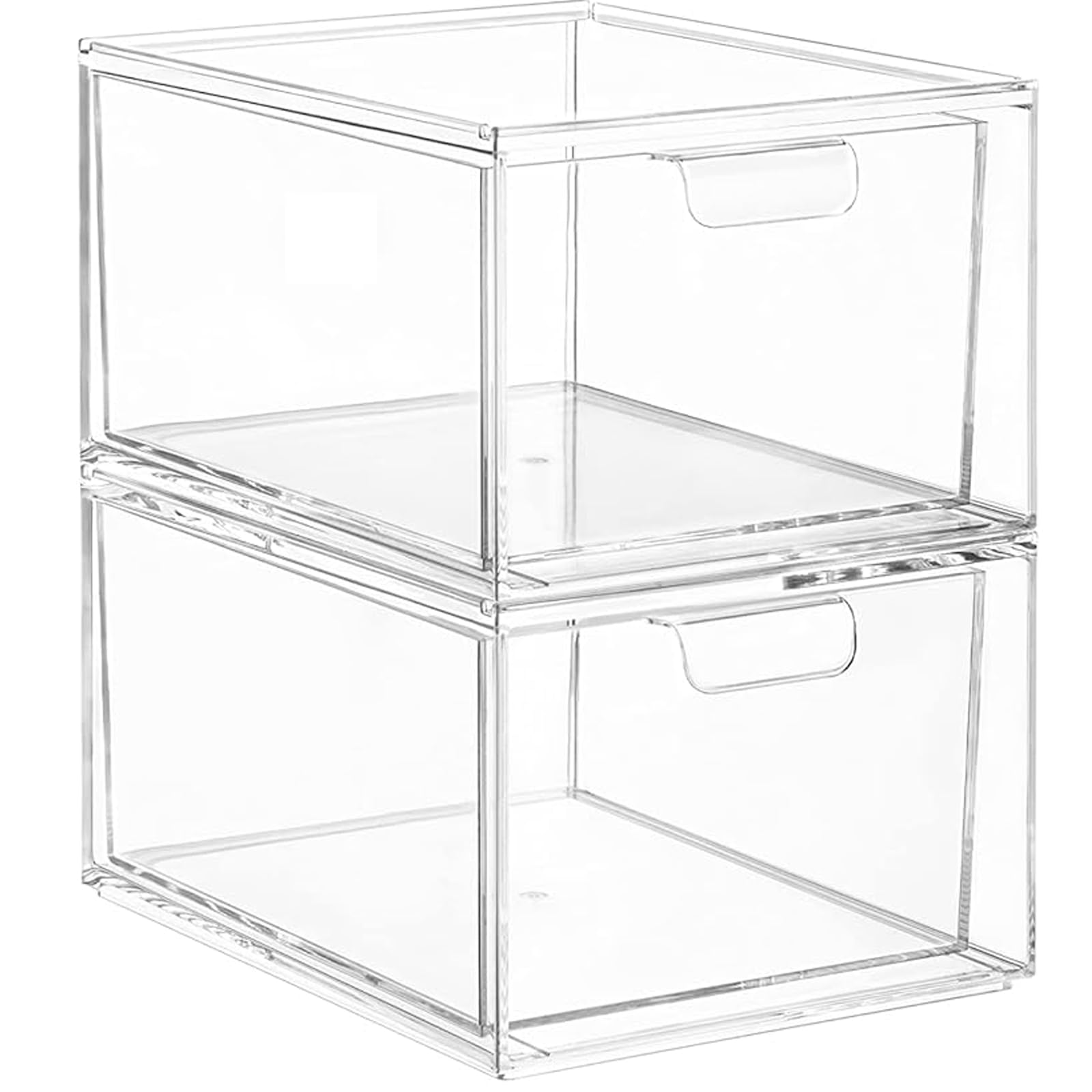 SuoXing Stackable Makeup Plastic Organizer Storage Drawers,4.5'' Tall Acrylic Bathroom Organizers,2 Pack Cosmetic Display Case Plastic Storage Bins For Vanity,Undersink,Pantry Organization and Storage