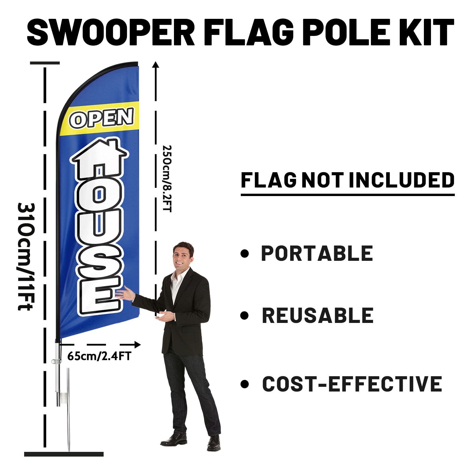 QSUM Swooper Flag Pole Kit, 11ft Windless Swooper Flagpole Fits 8ft Flags with Stainless Aluminum Alloy, Heavy Duty Ground Stake Base, for Outdoor Business Advertising