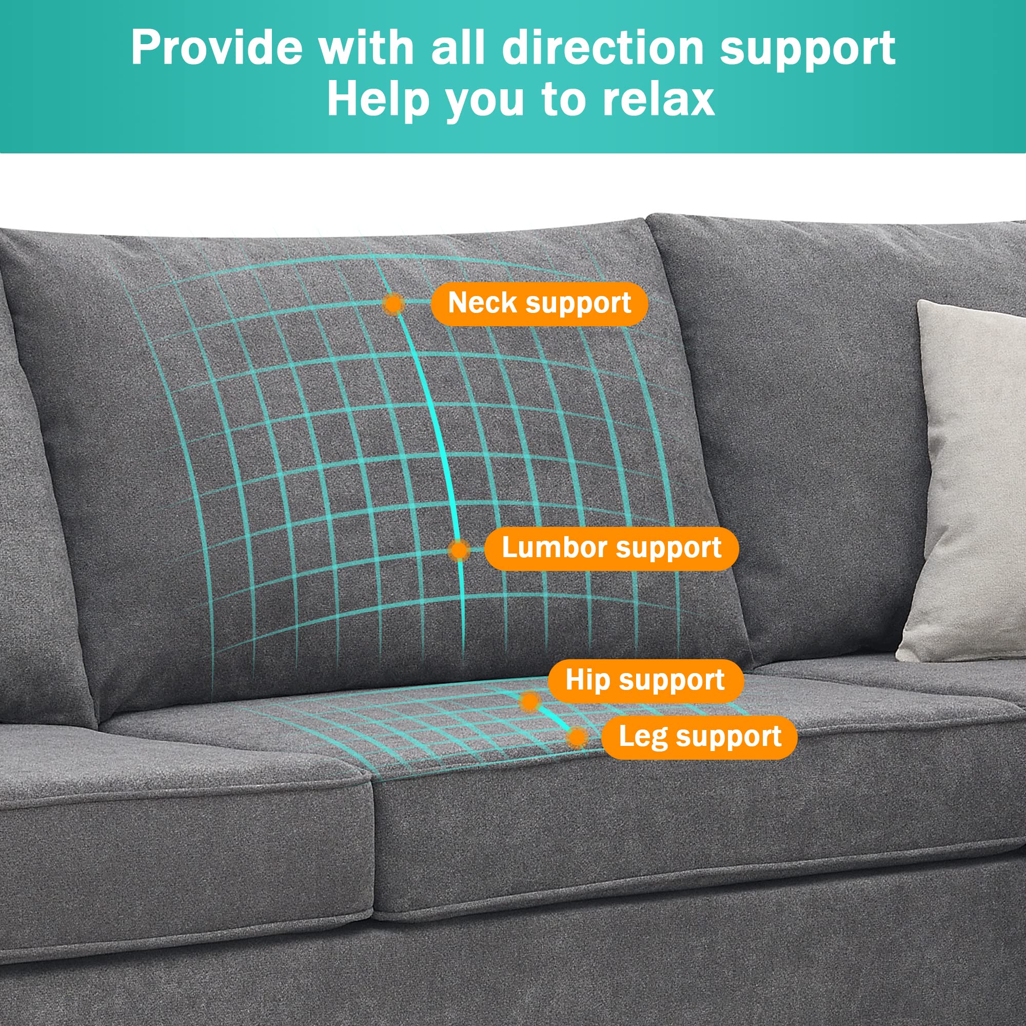 KoiHome 8888" Modern Upholstered Living Room Sectional, L Shape Fabric Corner Couch Set with 3 Pillows, 5 Seats Indoor Modular Sofa Chaise for Office,Apartment, Polyester, Plastic Leg, Grey