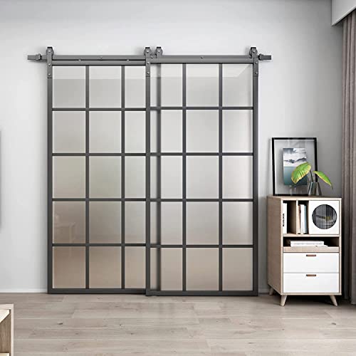 BARNSMITH Bypass Double Glass Barn Door 84 x 84 in with 7.5FT Side-Mounted Hardware Kit, 2 Sets of 42x84 Frosted Glass Aluminum Frame Barn Door,Assemble Required (2 * 42inx 84in)