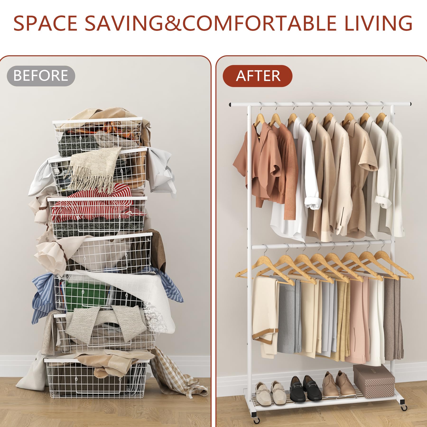 Sywhitta Double Rod Clothing Garment Rack, Rolling Coat Hanger with Bottom Mesh, Clothing Rack for Hanging Clothes, Coats, Skirts, Sweaters, White