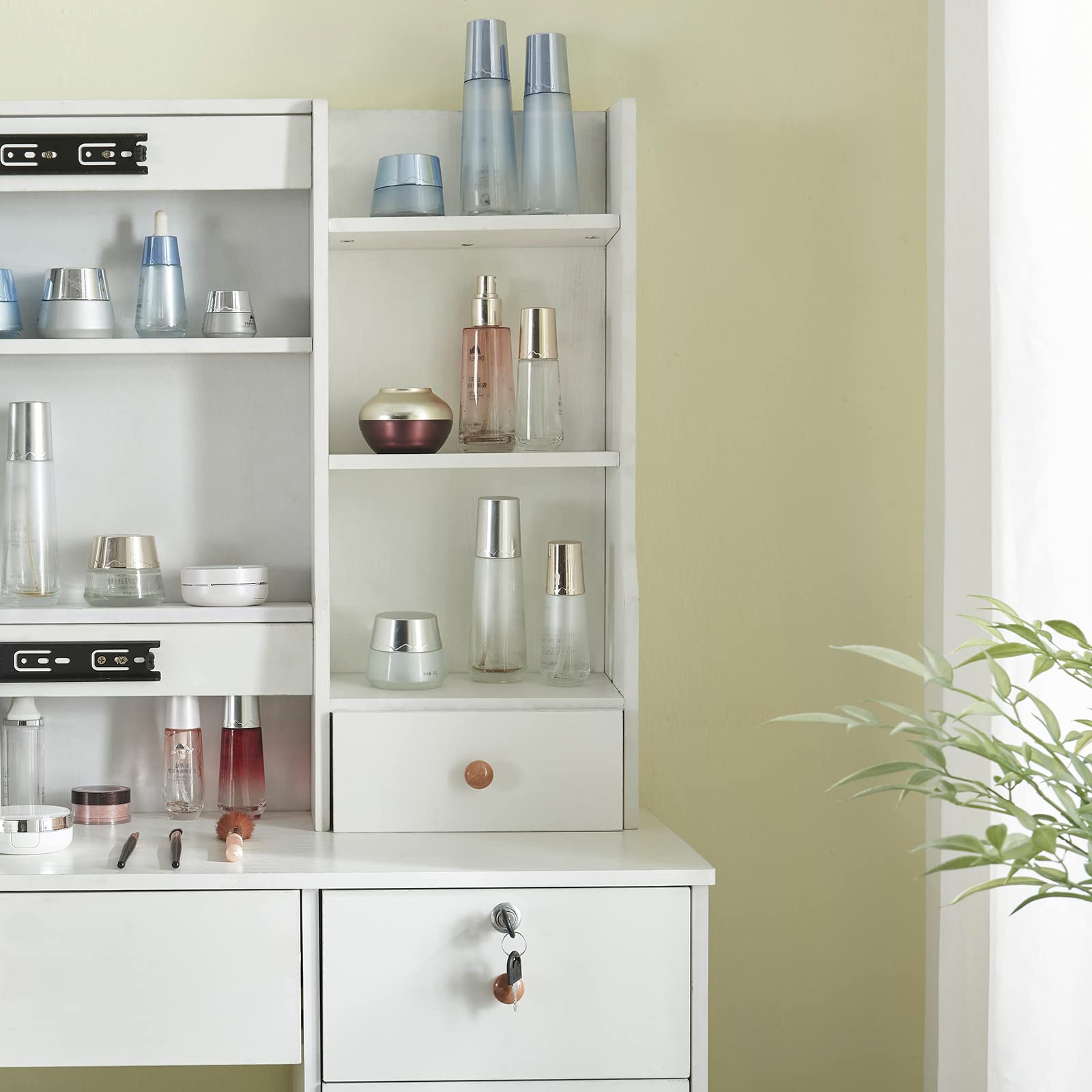 Makeup Vanity Dressing Table with Drawers and Lighted Mirror, White Vanity Set Dresser Desk and Cushioned Stool (US1905)
