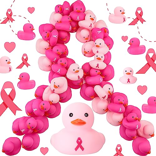 Libima 100 Pcs Mental Health Gifts Ribbon Rubber Duck Leukemia Awareness Products Health Awareness Gifts Small Rubber Ducky for Cancer Health Disease Event Public Charity Supplies (Pink, Rose Red)
