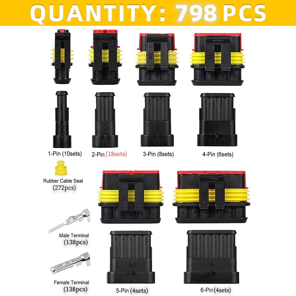Amliber 798Pcs 50 Kits Waterproof Automotive Electrical Connector Terminals 1/2/3/4/5/6 Male&Female Pin Automotive Wire Connectors Kit for Car Motorcycle Marine 22-16 AWG