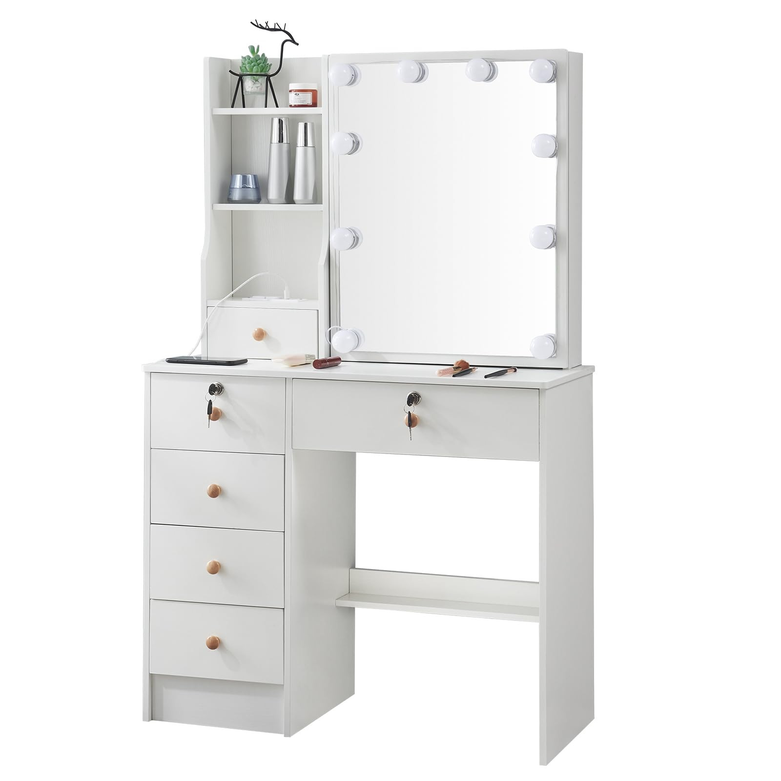 Makeup Vanity Dressing Table with Drawers and Lighted Mirror, White Vanity Set Dresser Desk and Cushioned Stool (US1905)