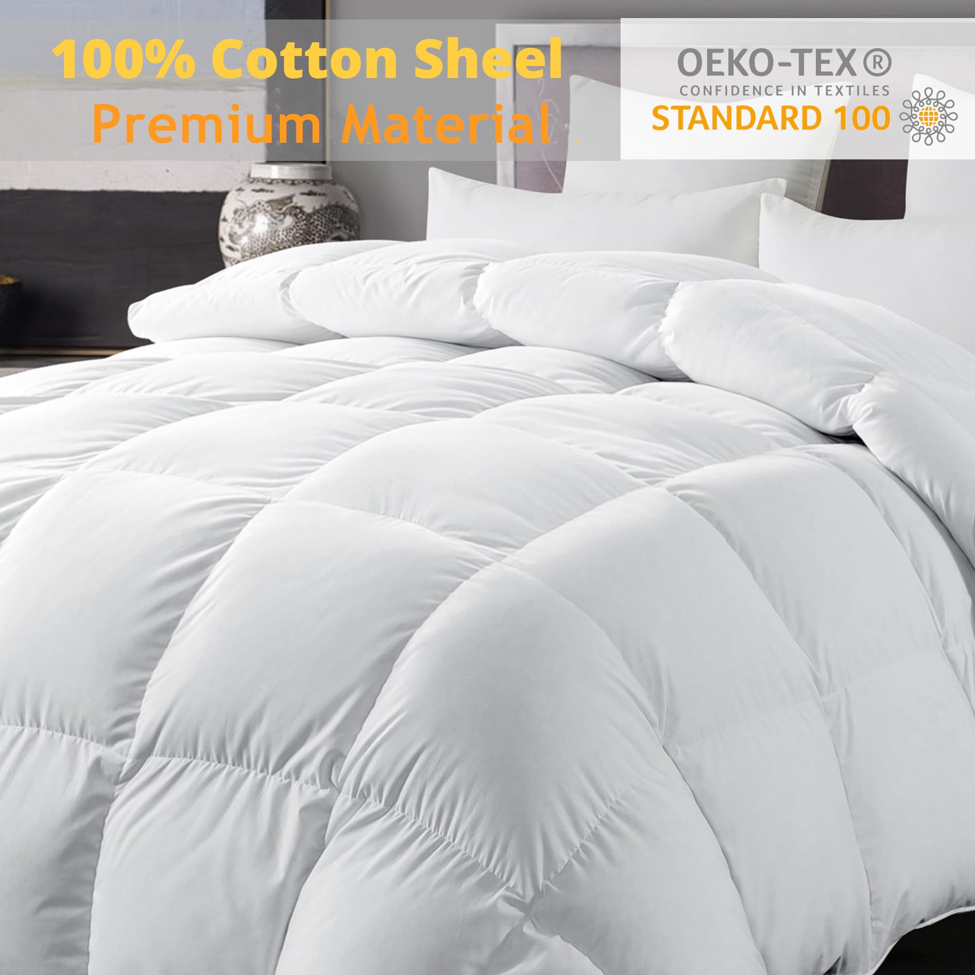 ELNIDO QUEEN® Feather Down Fiber Comforter Twin Size - All Season White Fluffy Duvet Insert - Luxurious Hotel Bedding Comforter with Corner Tabs - Ultra Soft 100% Cotton Cover, 68x90 Inch