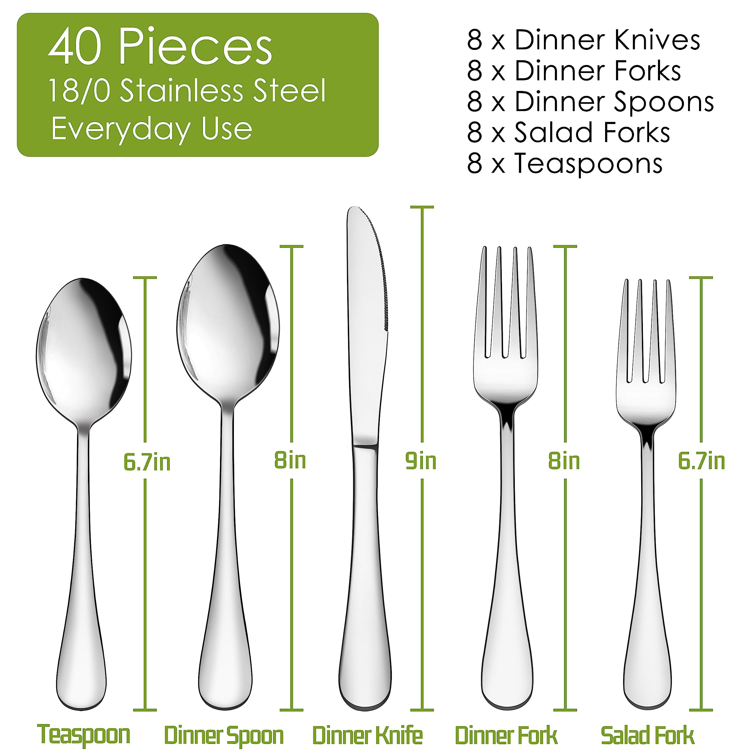 HaWare 40-Piece Silverware Set Service for 8, Stainless Steel Flatware Cutlery Set, Food-Grade Tableware Eating Utensil Set for Home Kitchen, Include Fork Knife Spoon, Mirror Polished, Dishwasher Safe
