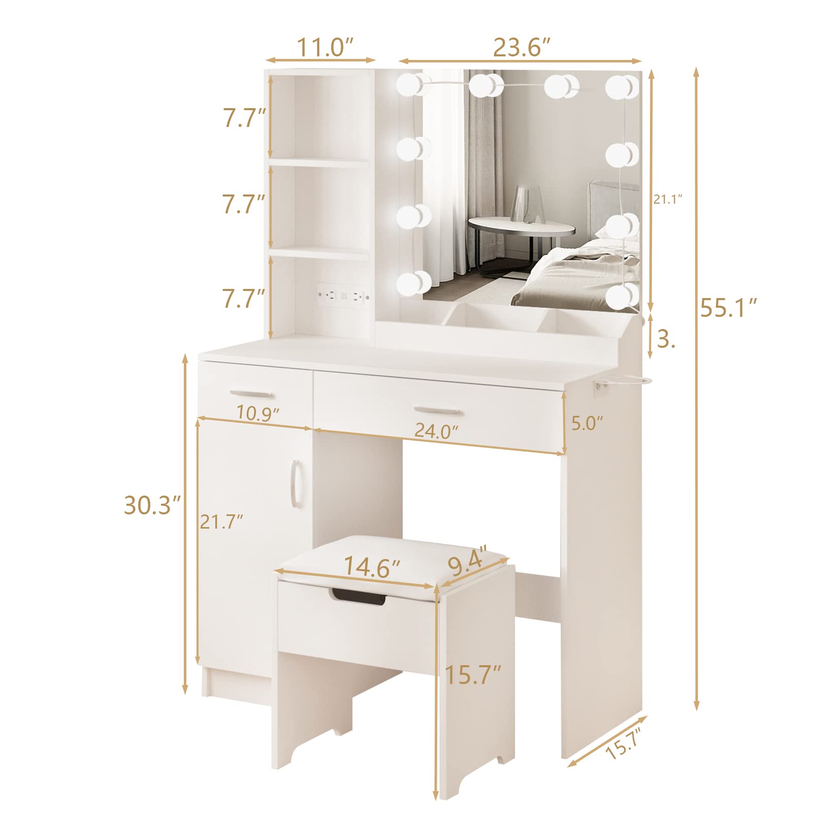Fameill Makeup Vanity Desk with Lighted Mirror & Power Strip,White Vanity Table Set with Lights and Lots Storage,2 Drawer Makeup Table,3 Lighting Colors,35.4in(L)
