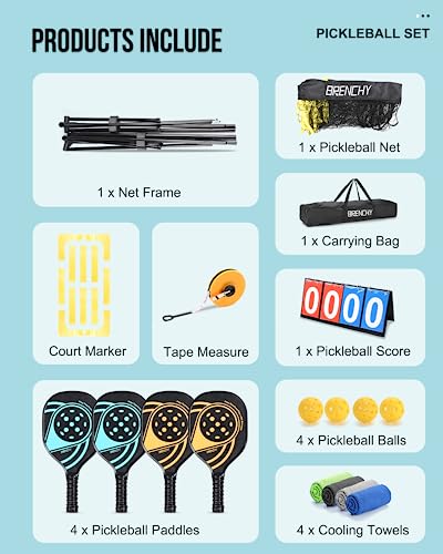 Brenchy Pickleball Set for Home Driveway - Includes 17ft Net, 4 Paddles, 4 Balls, 4 Cooling Towels, 1 Scoreboard, 1 Court Marker, 1 Tape Measure