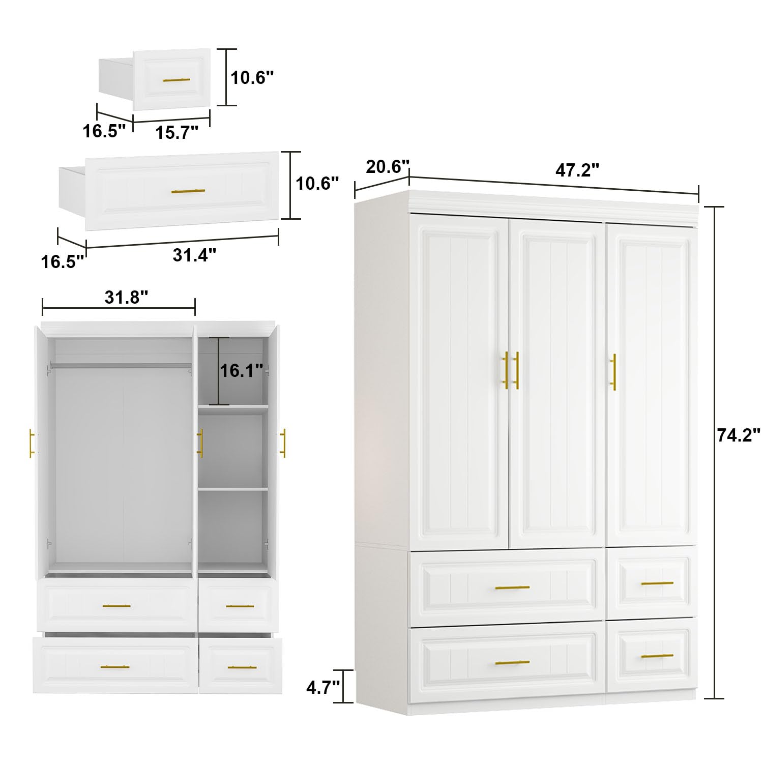 AIEGLE 3-Door Armoire Wardrobe Closet with Drawers, White Coat Closet with Doors, Modern Tall Wardrobe Cabinet Closet with Hanging Rod for Bedroom, Freestanding, White, 20.6" D x 47.2" W x 74.2" H