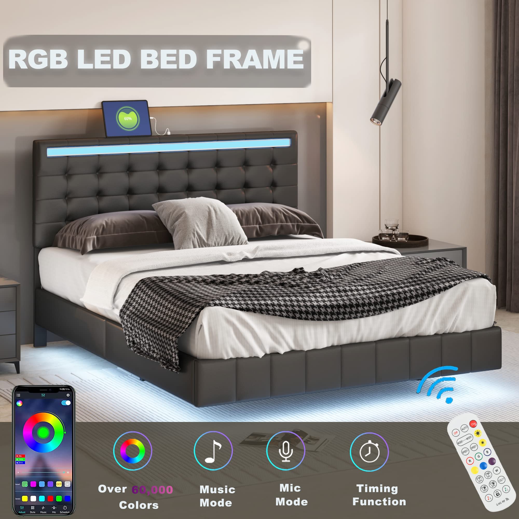 VilroCaz Queen Size Upholstered Platform Bed with LED Lights and USB Charging, Floating Bed Frame Mattress Foundation with Sturdy Slatted Support, No-Noise Design (Black-Float)