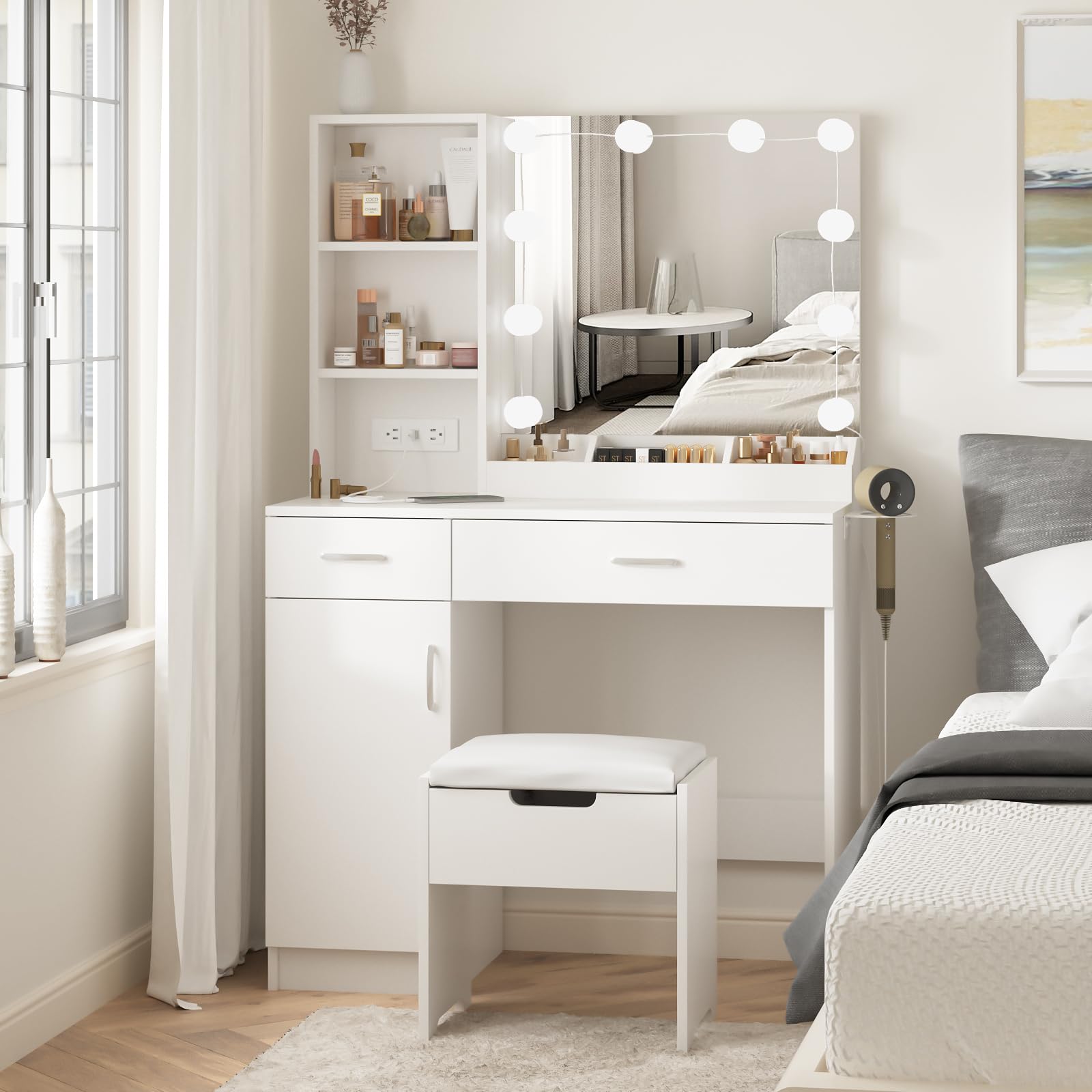 Fameill Makeup Vanity Desk with Lighted Mirror & Power Strip,White Vanity Table Set with Lights and Lots Storage,2 Drawer Makeup Table,3 Lighting Colors,35.4in(L)