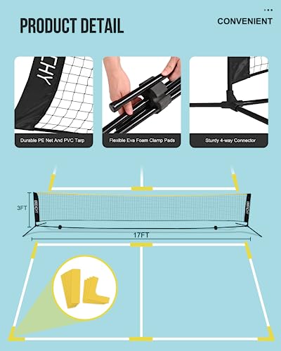 Brenchy Pickleball Set for Home Driveway - Includes 17ft Net, 4 Paddles, 4 Balls, 4 Cooling Towels, 1 Scoreboard, 1 Court Marker, 1 Tape Measure