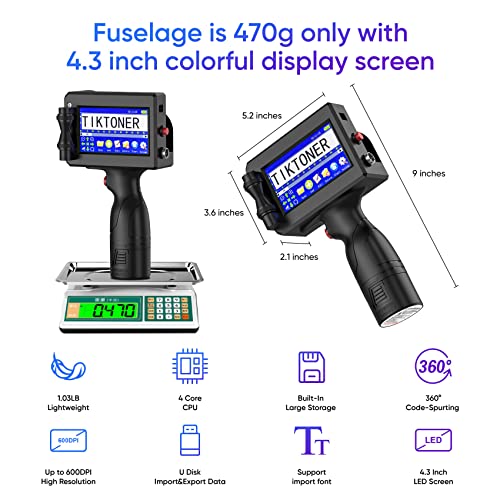 TIKTONER 127T1 Handheld Inkjet Printer 4.3 Inch Touch Screen Quick-Drying Ink Cartridge Inkjet Coding Portable Handheld Printer for Barcode Batch Number Code Date Label Logo QRCode (25 Languages)