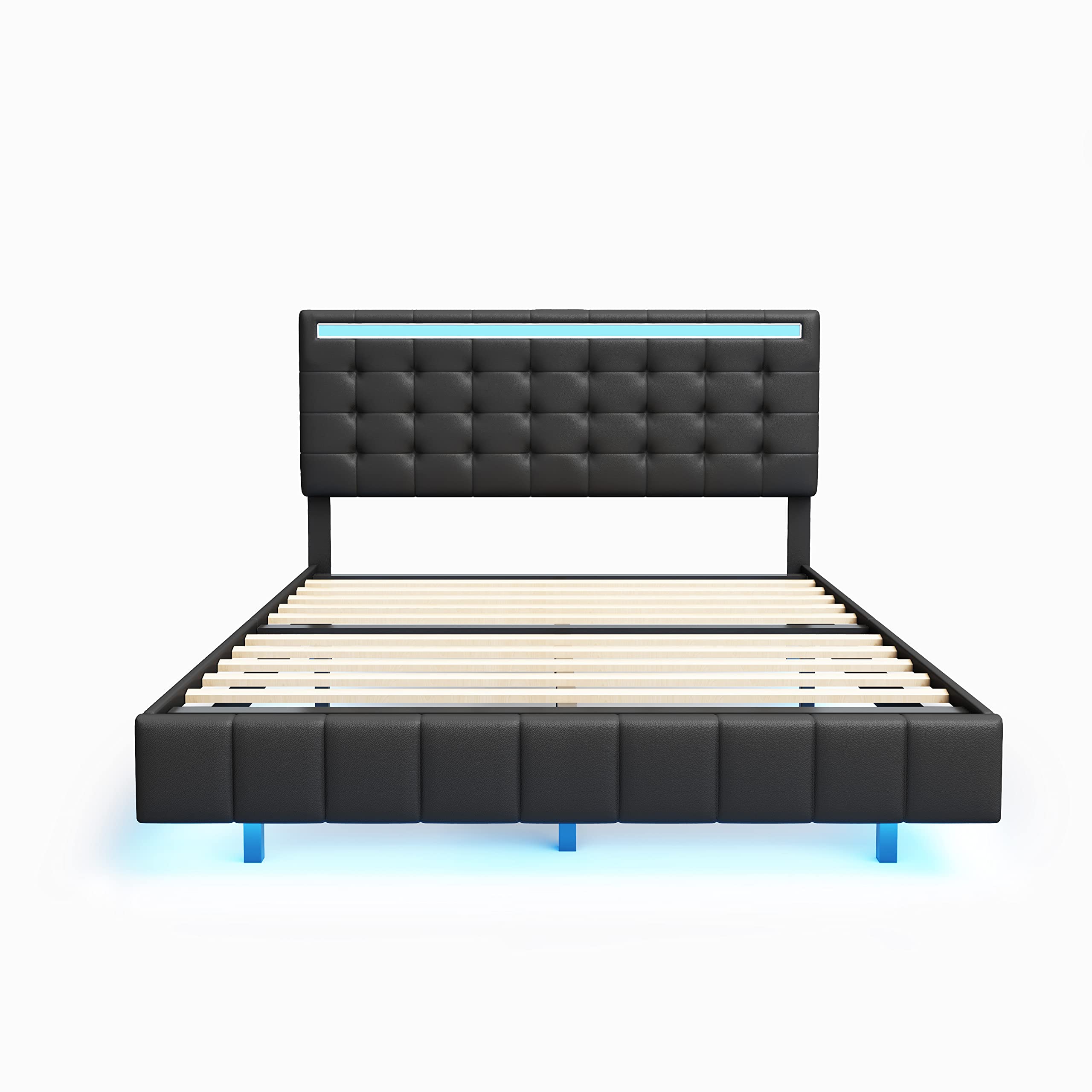 VilroCaz Queen Size Upholstered Platform Bed with LED Lights and USB Charging, Floating Bed Frame Mattress Foundation with Sturdy Slatted Support, No-Noise Design (Black-Float)