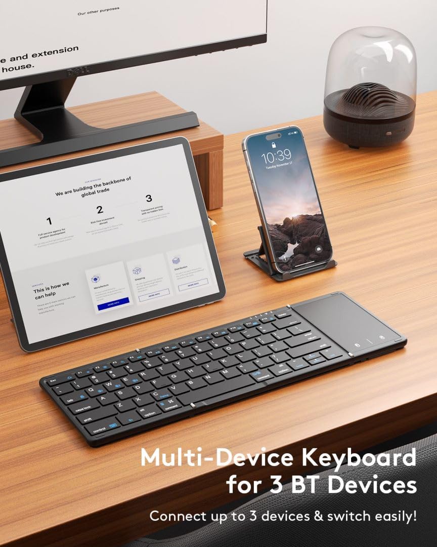 Samsers Foldable Bluetooth Keyboard with Touchpad, Full-Size Wireless Folding Keyboard with PU Leather, Portable Travel Keyboard for iOS Android Windows Mac OS, Support 3 Devices (BT5.1 x 3), Black