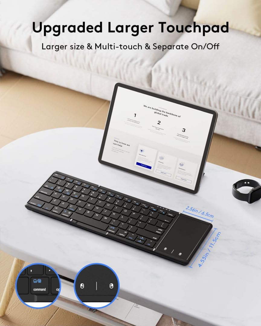Samsers Foldable Bluetooth Keyboard with Touchpad, Full-Size Wireless Folding Keyboard with PU Leather, Portable Travel Keyboard for iOS Android Windows Mac OS, Support 3 Devices (BT5.1 x 3), Black
