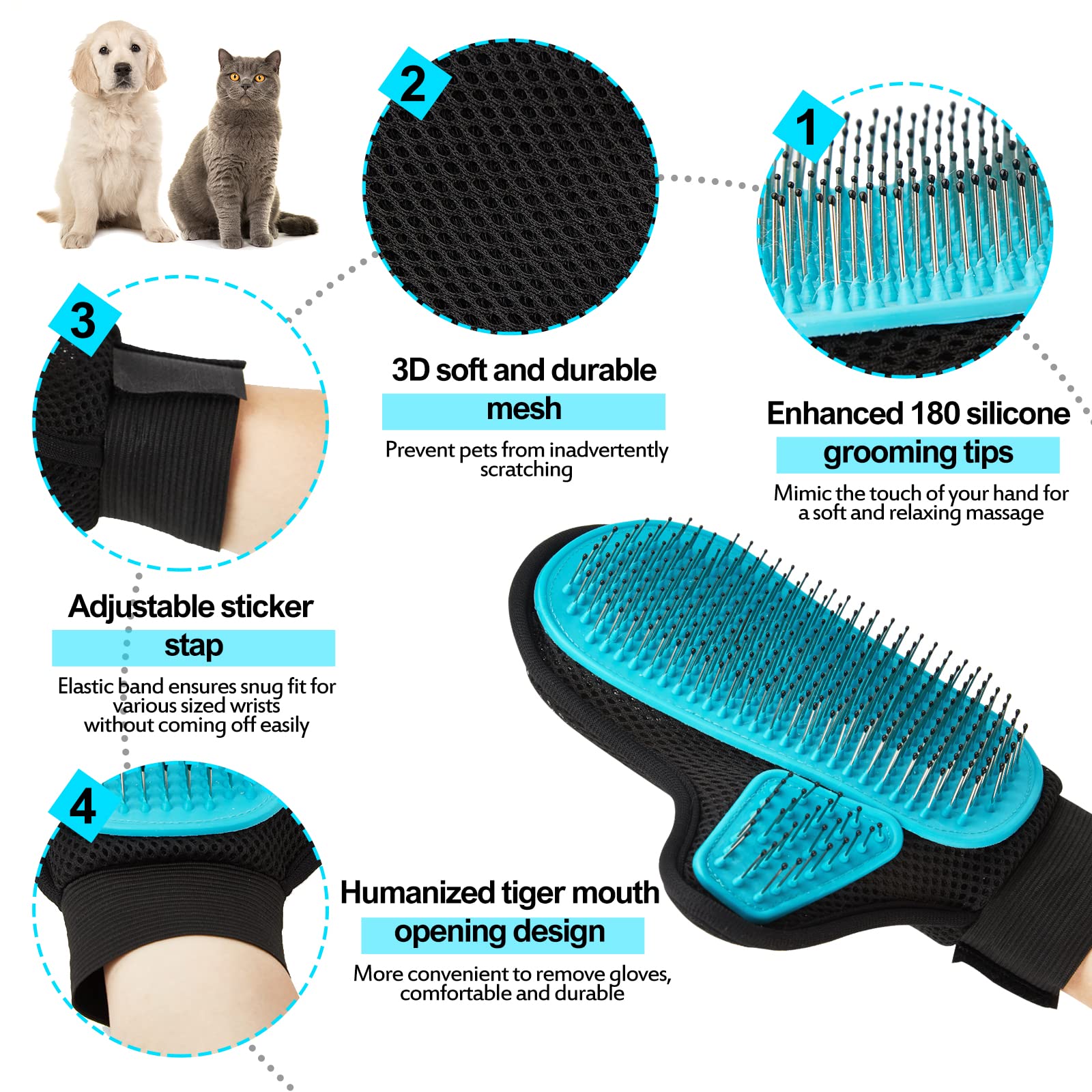 Beenefits 2024 Pet Grooming Glove with Tipped Pin Brush,Special Design Deshedding Glove, Massage Mitt, Perfect Petting Tool for Sensitive Dogs & Cats with Long & Medium Fur - Right-Hand - Blue