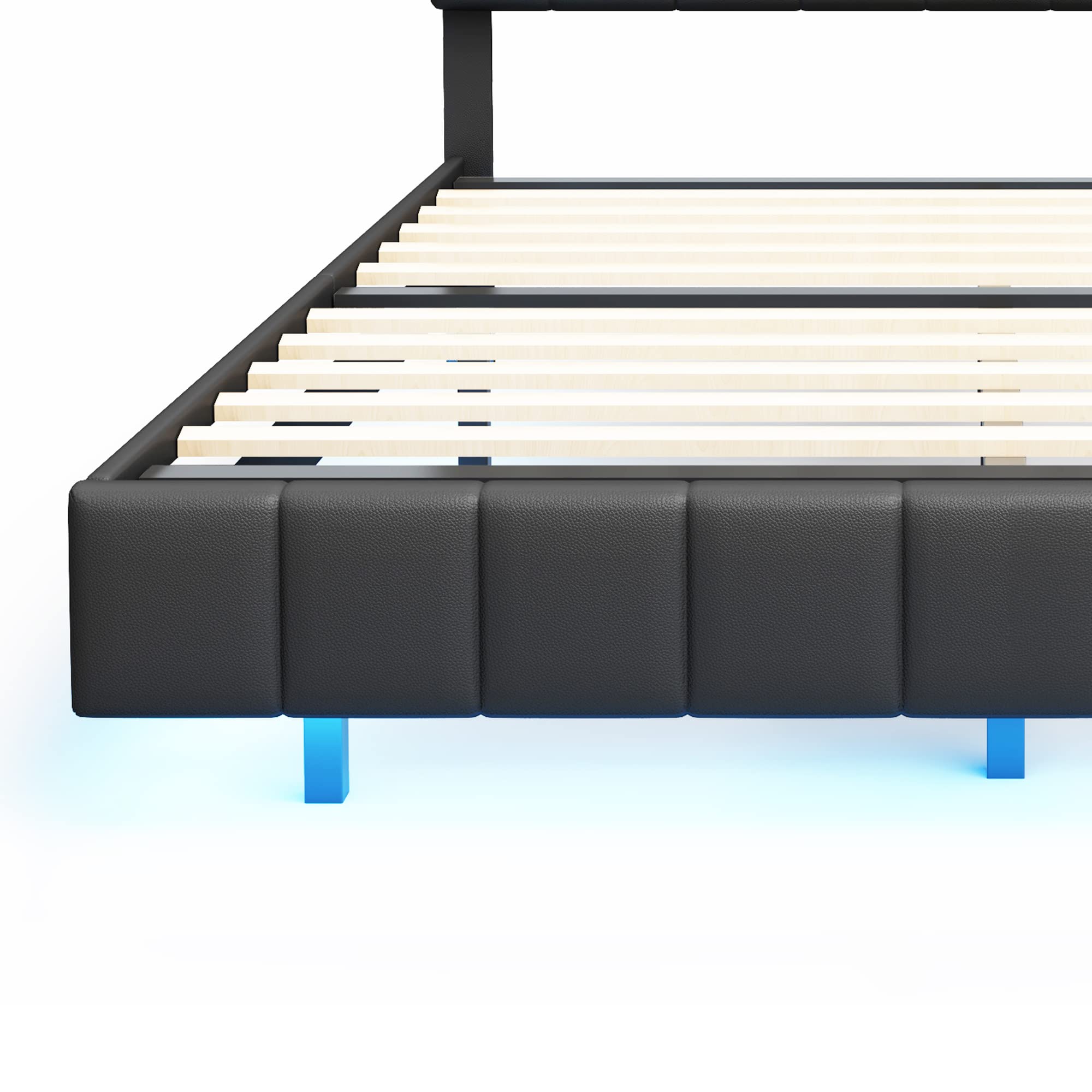 VilroCaz Queen Size Upholstered Platform Bed with LED Lights and USB Charging, Floating Bed Frame Mattress Foundation with Sturdy Slatted Support, No-Noise Design (Black-Float)