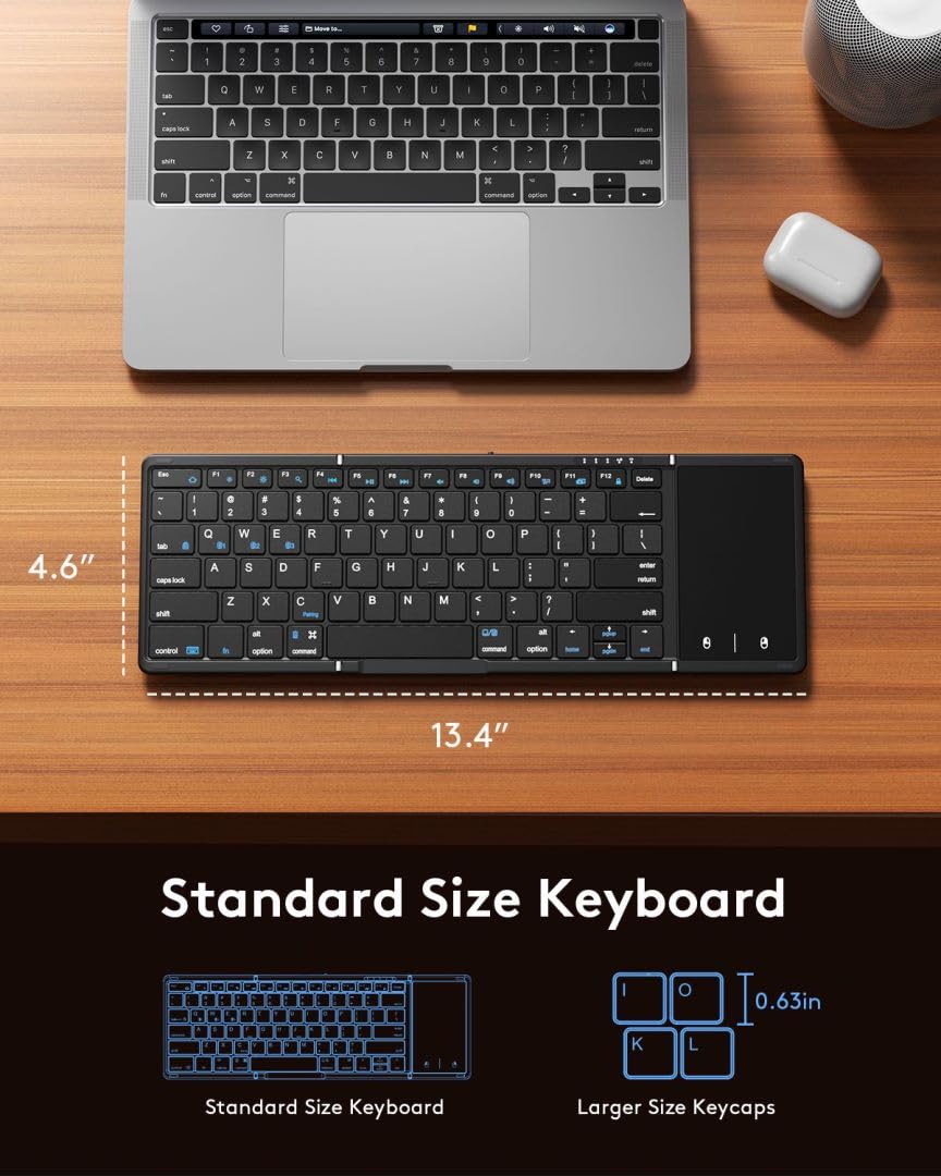 Samsers Foldable Bluetooth Keyboard with Touchpad, Full-Size Wireless Folding Keyboard with PU Leather, Portable Travel Keyboard for iOS Android Windows Mac OS, Support 3 Devices (BT5.1 x 3), Black