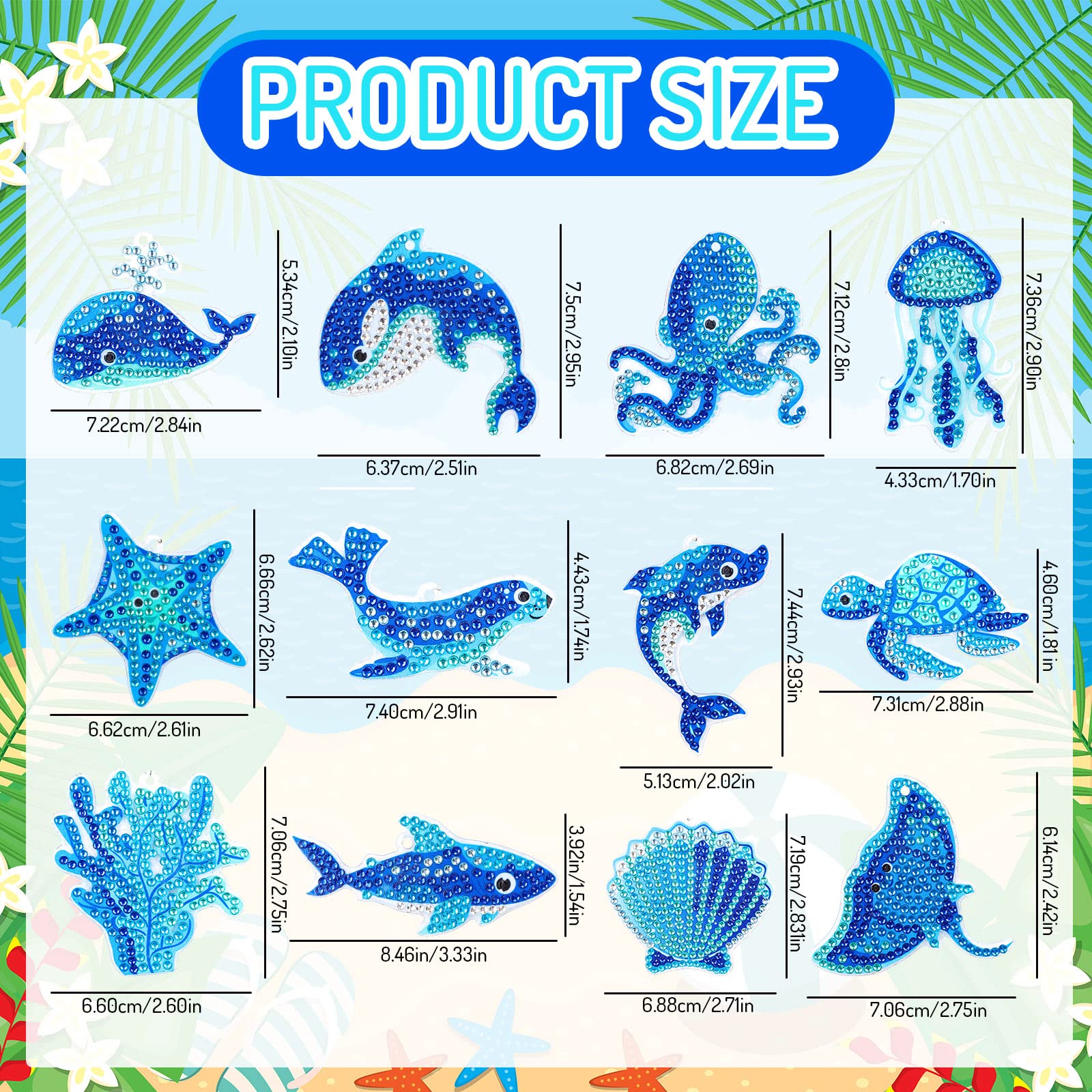 Whaline 12Pcs Summer Diamond Drawing Keychain Kit Ocean Fish Theme DIY Diamond Drawing Pendant Under The Sea Rhinestone Mosaic Making Full Drill Diamond Keychain for Crafts Gift