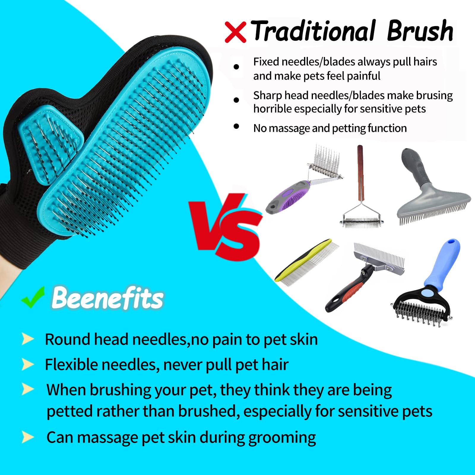 Beenefits 2024 Pet Grooming Glove with Tipped Pin Brush,Special Design Deshedding Glove, Massage Mitt, Perfect Petting Tool for Sensitive Dogs & Cats with Long & Medium Fur - Right-Hand - Blue